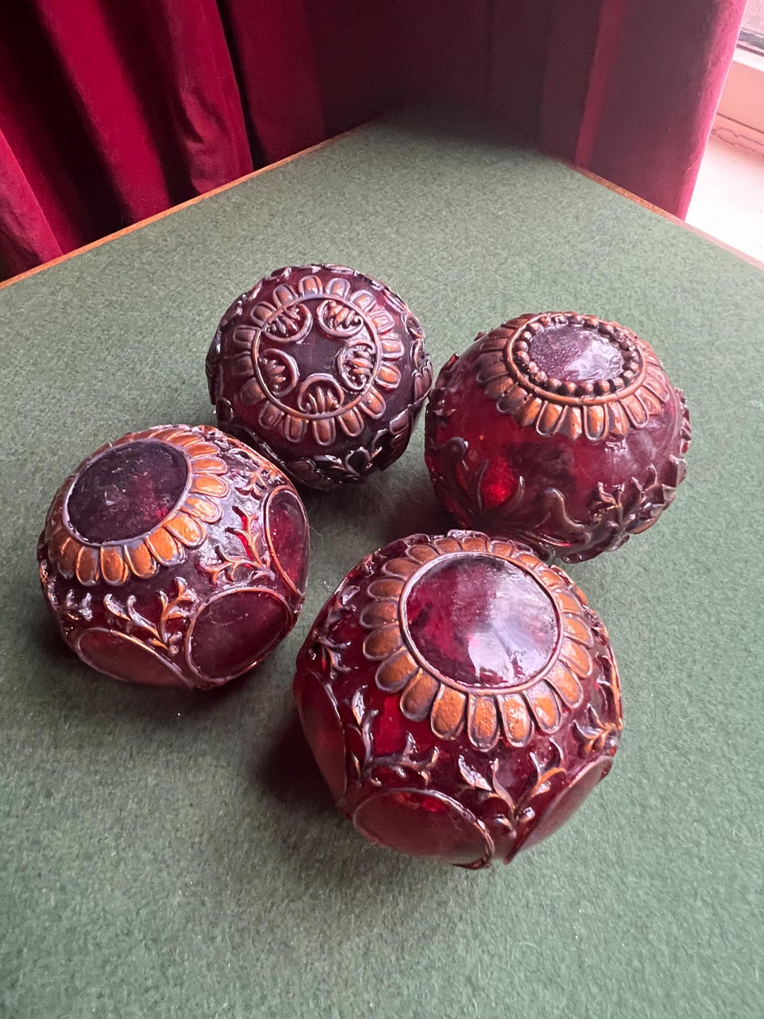 Set of 4 Resin Glass Decorative Spheres. Deep Red Gold Embellished ...