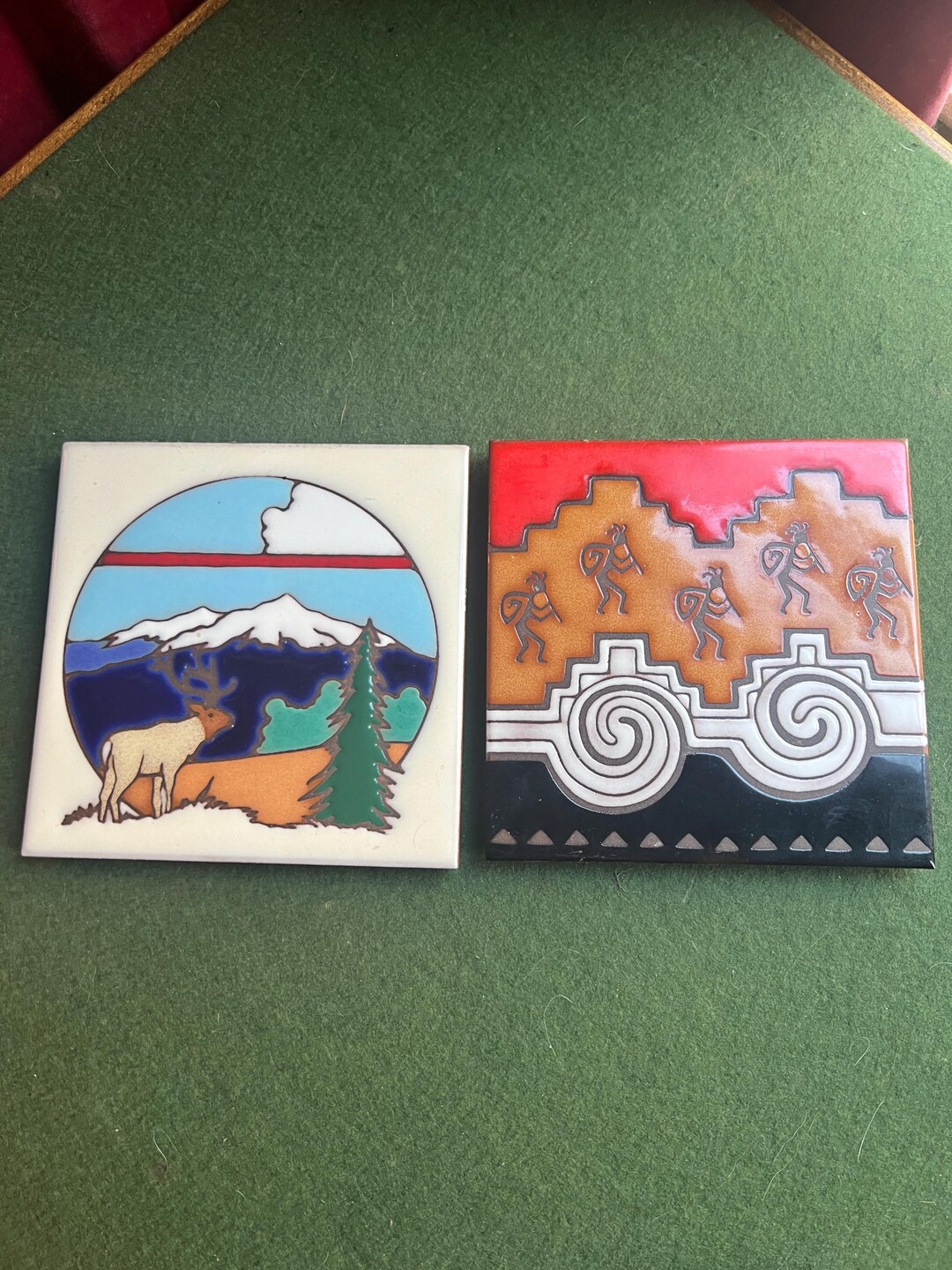 Vintage Ceramic Tile Trivets. Elk Mountain Scene and Kokopelli Maze ...