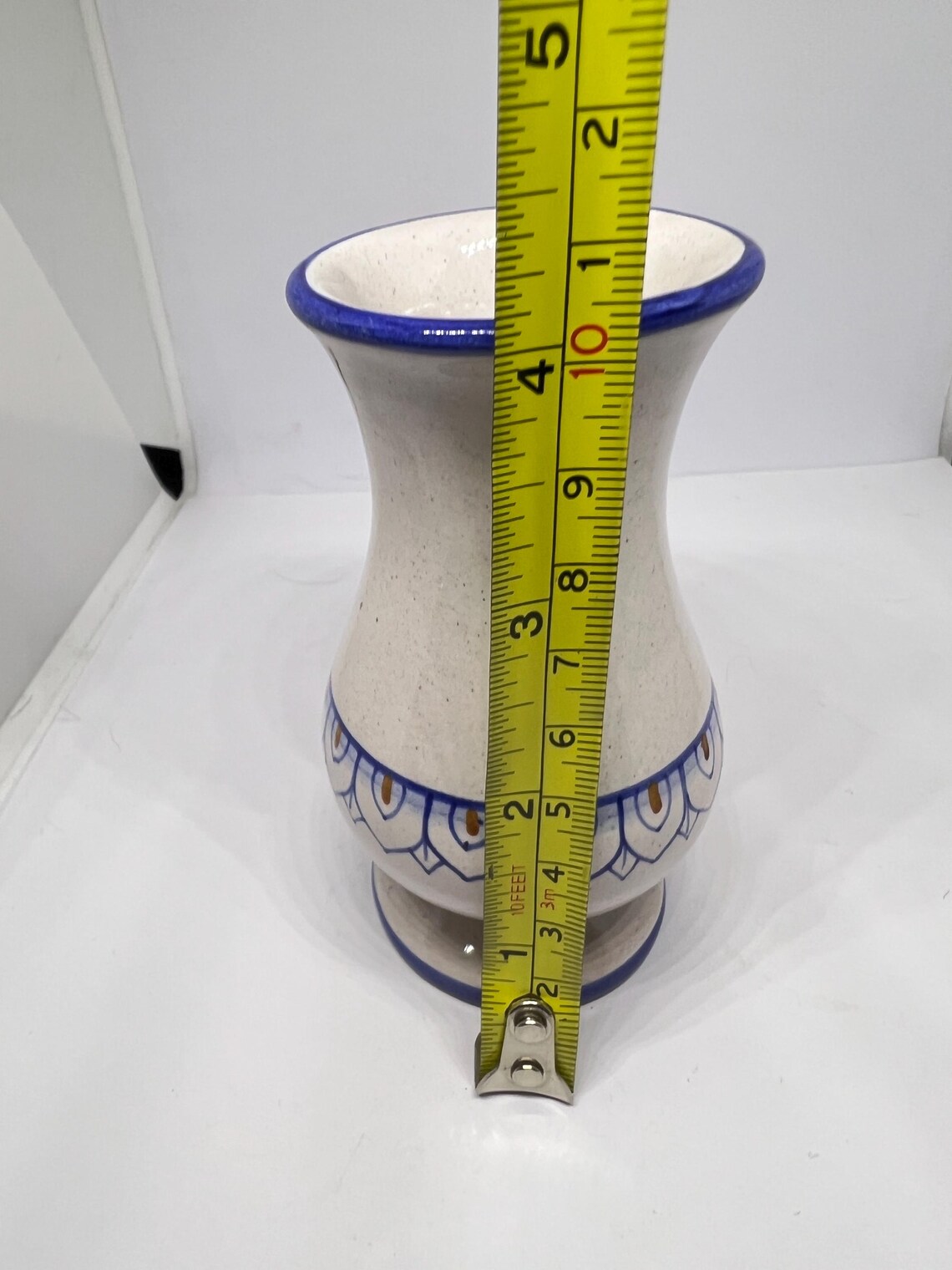 Miniature White Ceramic Vase. Hand Decorated Blue and Red Design ...