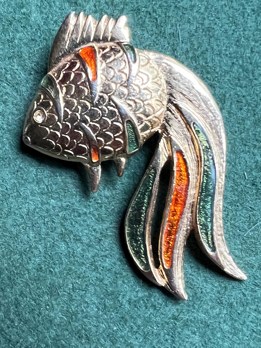 Vintage Cloisonne Fish Brooch. Red and Green Enamel Scales Diamante ...