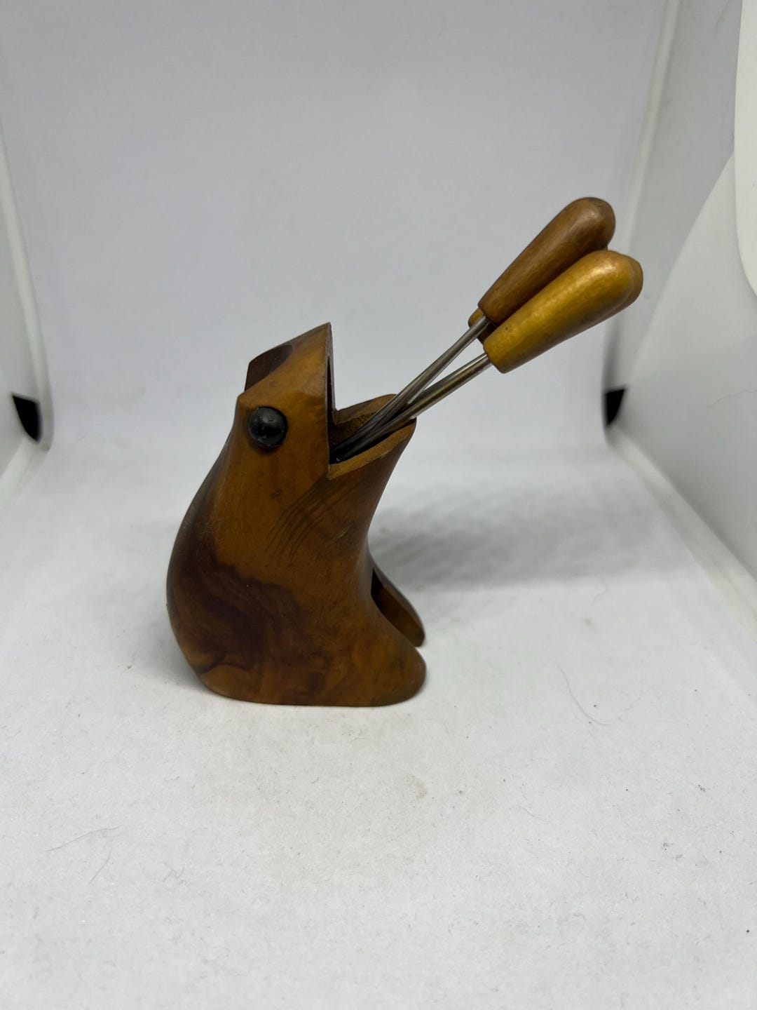 Hand Carved Wooden Frog Holder With Appetizer Forks Vintage Treen Frog ...