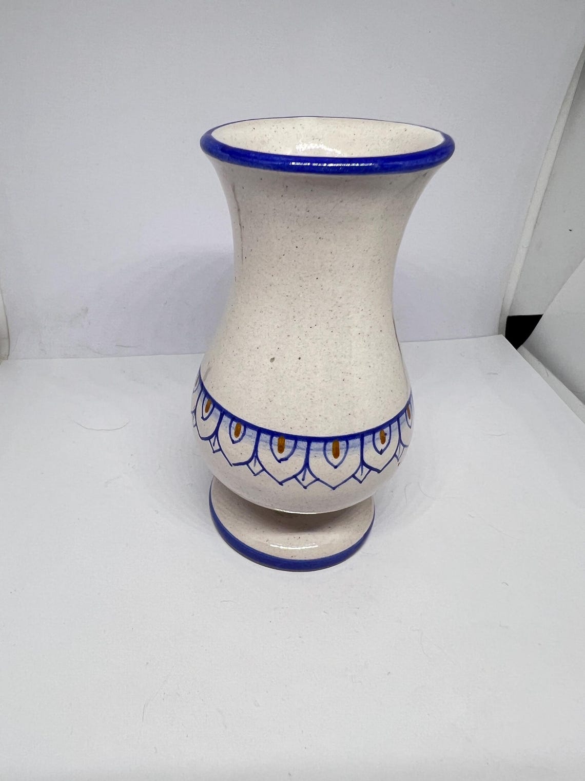 Miniature White Ceramic Vase. Hand Decorated Blue and Red Design ...