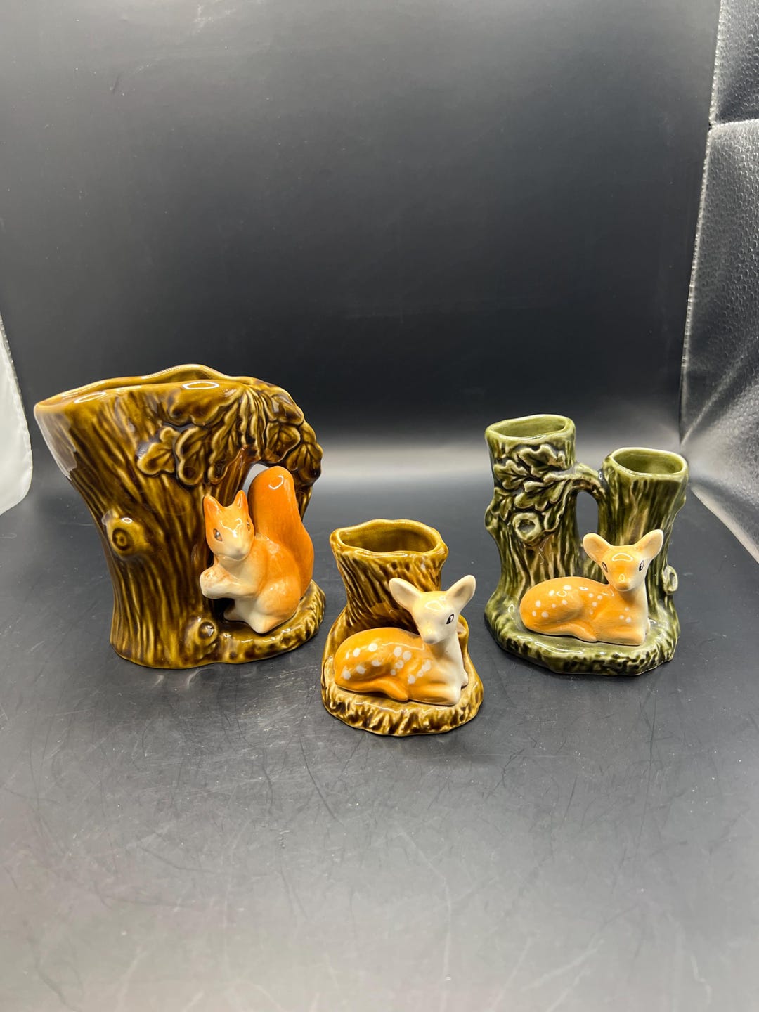 3 Vintage Sylvac Tree Stump Vases. Squirrel Small Deer and Double Vase ...