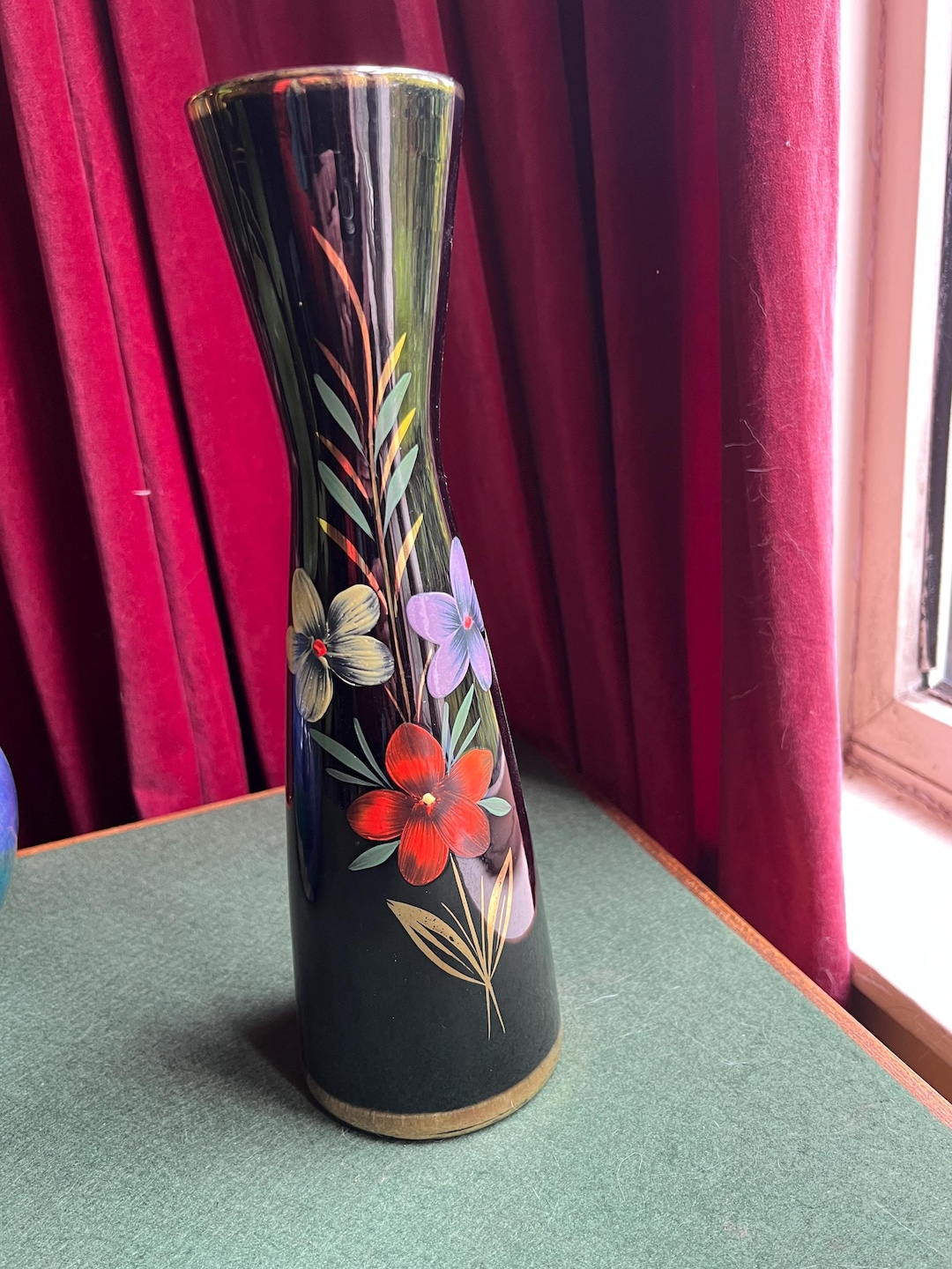 Black Ceramic Vase Hand Painted Flowers Gold Leaves Flower Vase. Tall ...