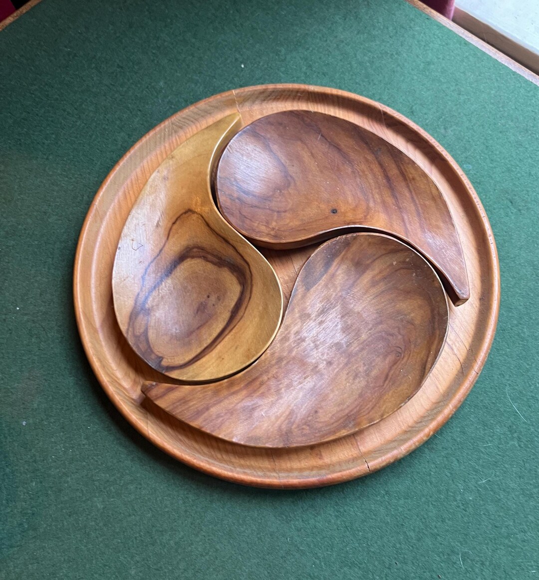 MCM Wooden Serving Tray With 3 Yin Yang Bowls. Monkey Pod Wooden ...