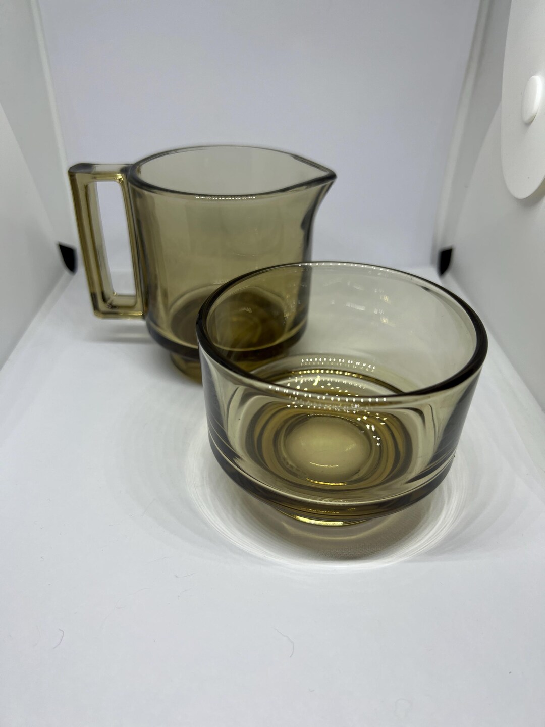 Vintage Smoky Clear Glass Milk Jug and Open Sugar. Cubic Design Handle ...