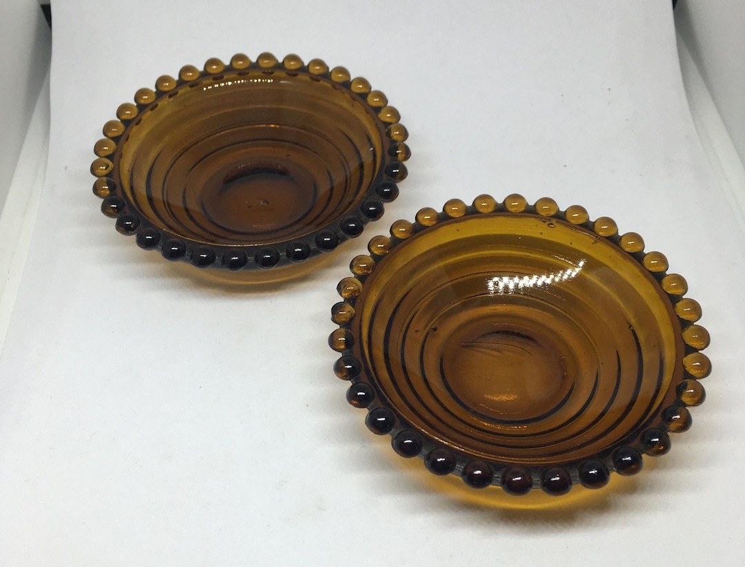 Trinket Ring Dishes. Vintage Amber Glass Trinket Dishes, Beaded Bubble ...