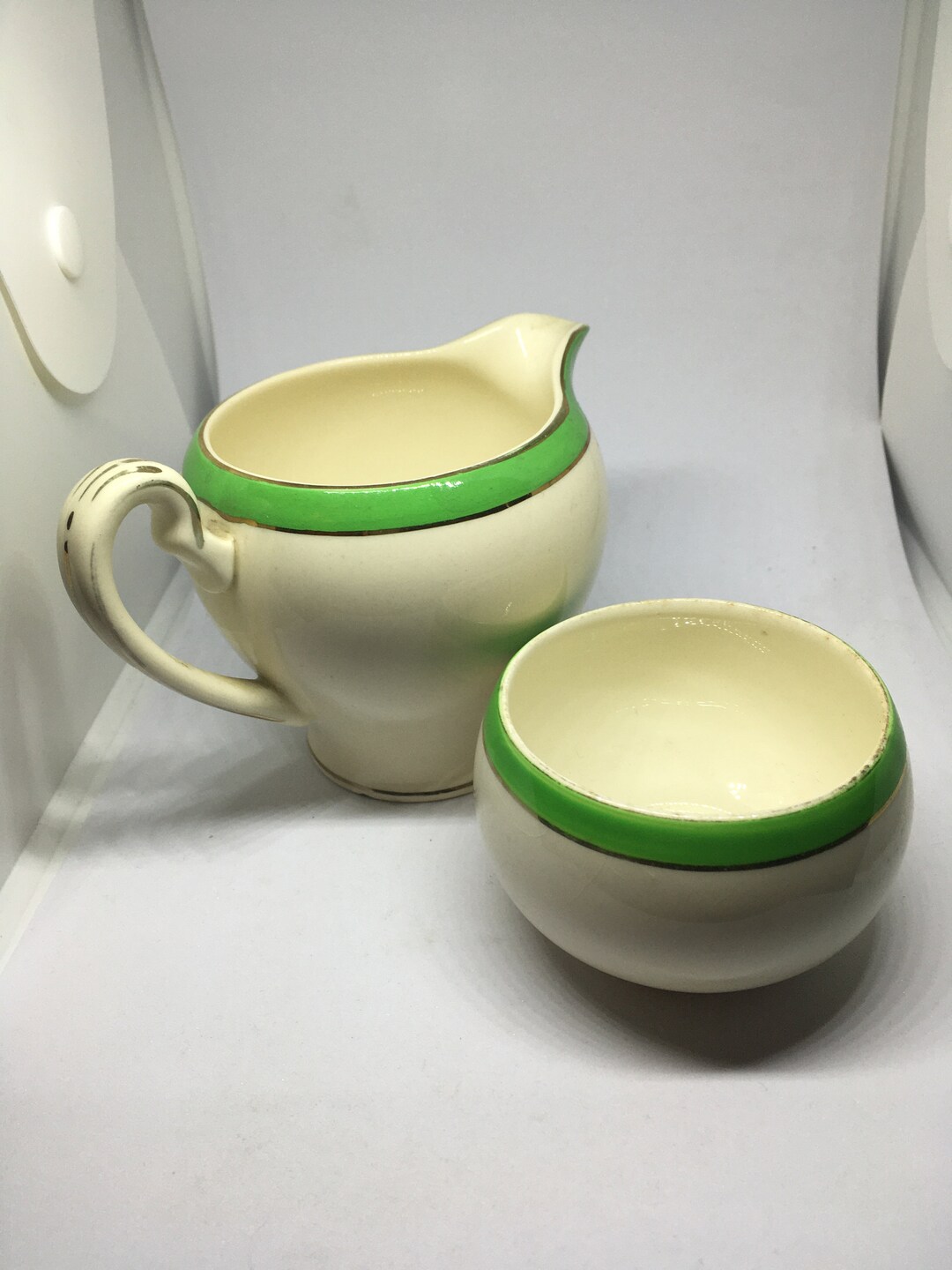 Vintage Ceramic Sugar Bowl and Milk Jug. Matching but Mismatched. Green ...