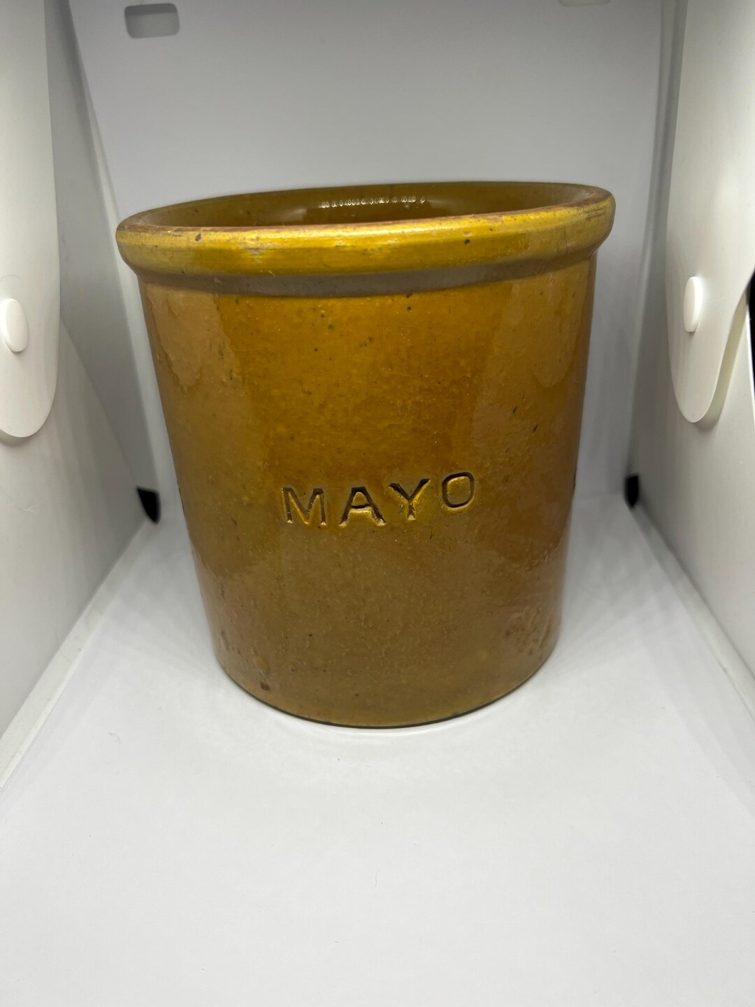 Vintage MAYO Crock Pot Stoneware Utensil Holder. Yellowware Antique ...