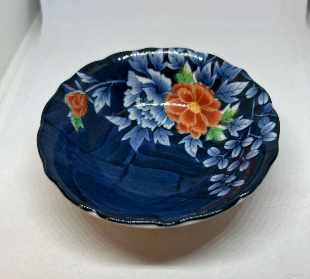 Trinket Bowl Blue Floral Ring Disk Hand Painted Orange Flower Dish Blue ...