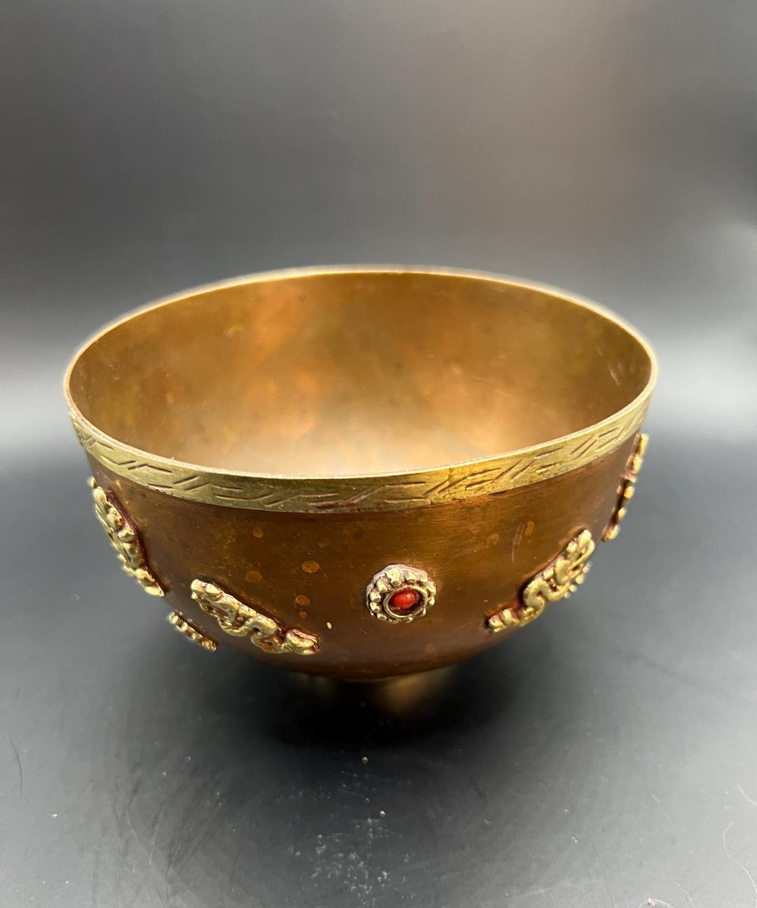 Decorative Footed Copper Bowl With Applied Dragon Detail and Semi ...