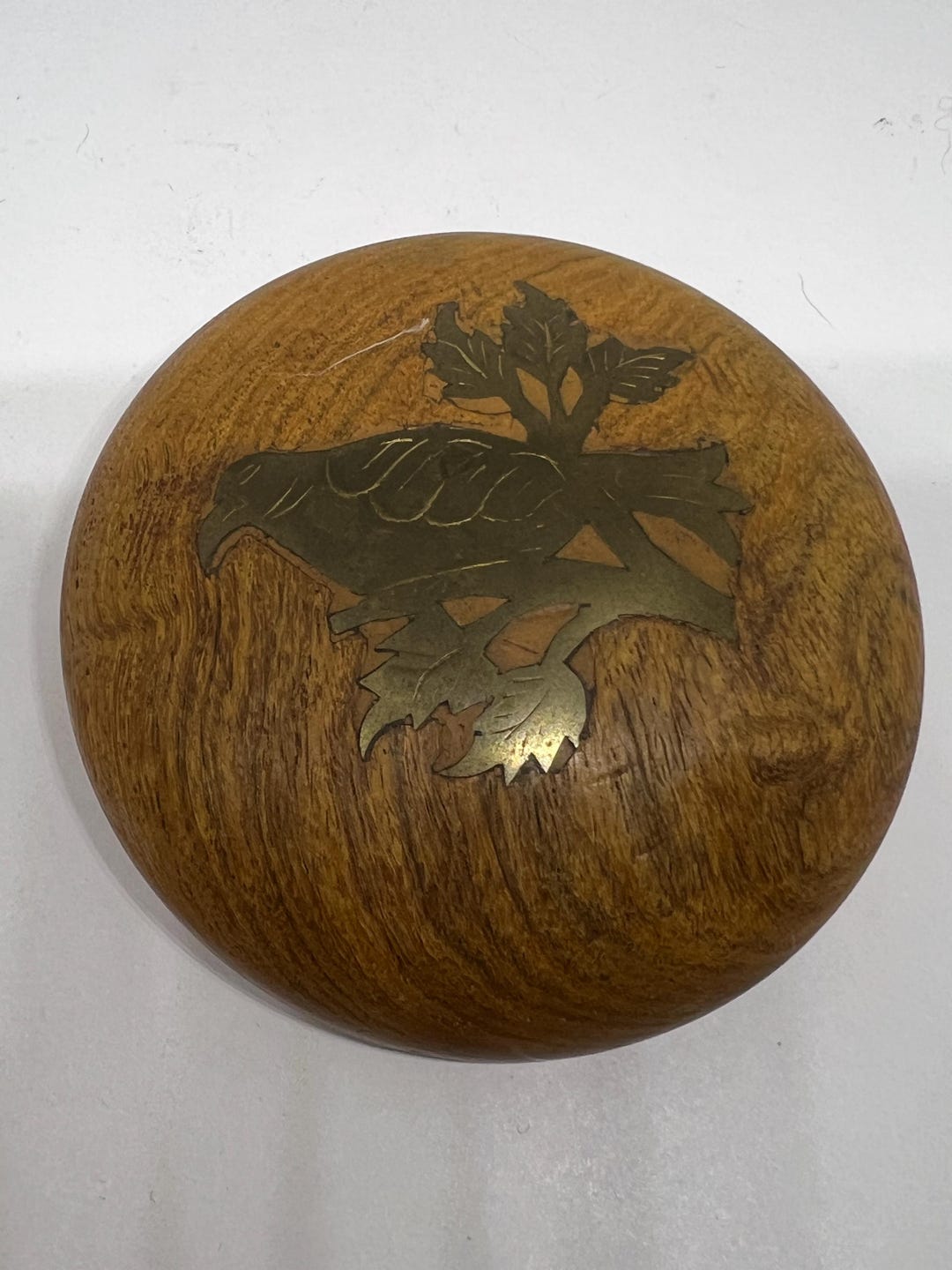 Vintage Wooden Paperweight Brass Inlaid Bird on Round Wood Paper Weight ...