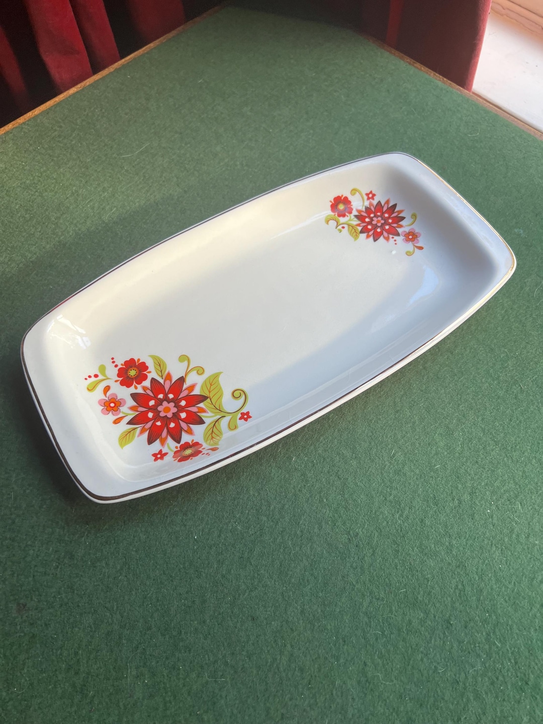 Floral Sandwich Plate White Ceramic With Red Flower Design. Made in ...