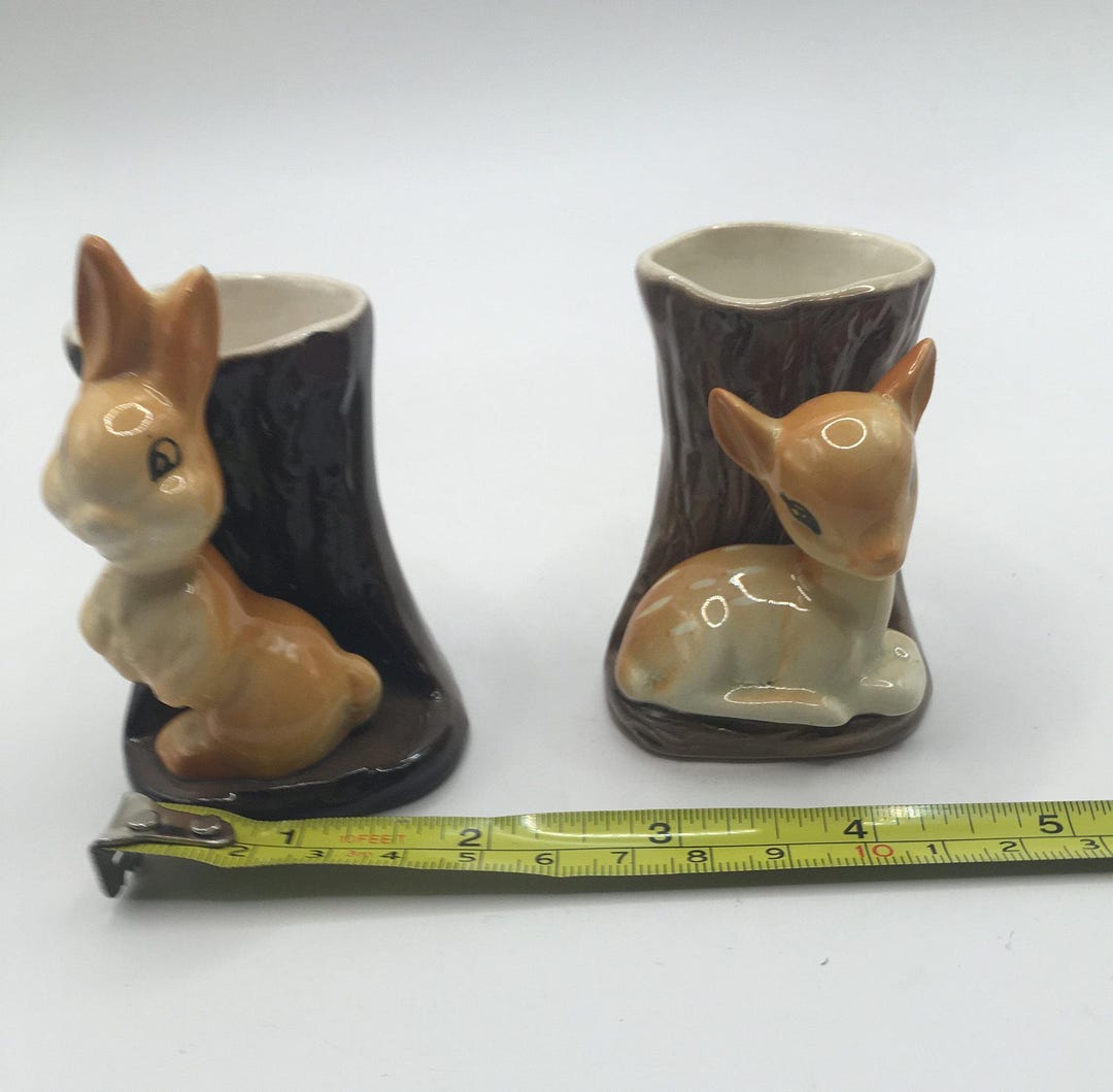 Hornsea Pottery Bud Posy Vases. Rabbit and Baby Deer by Tree Stumps. 2 ...
