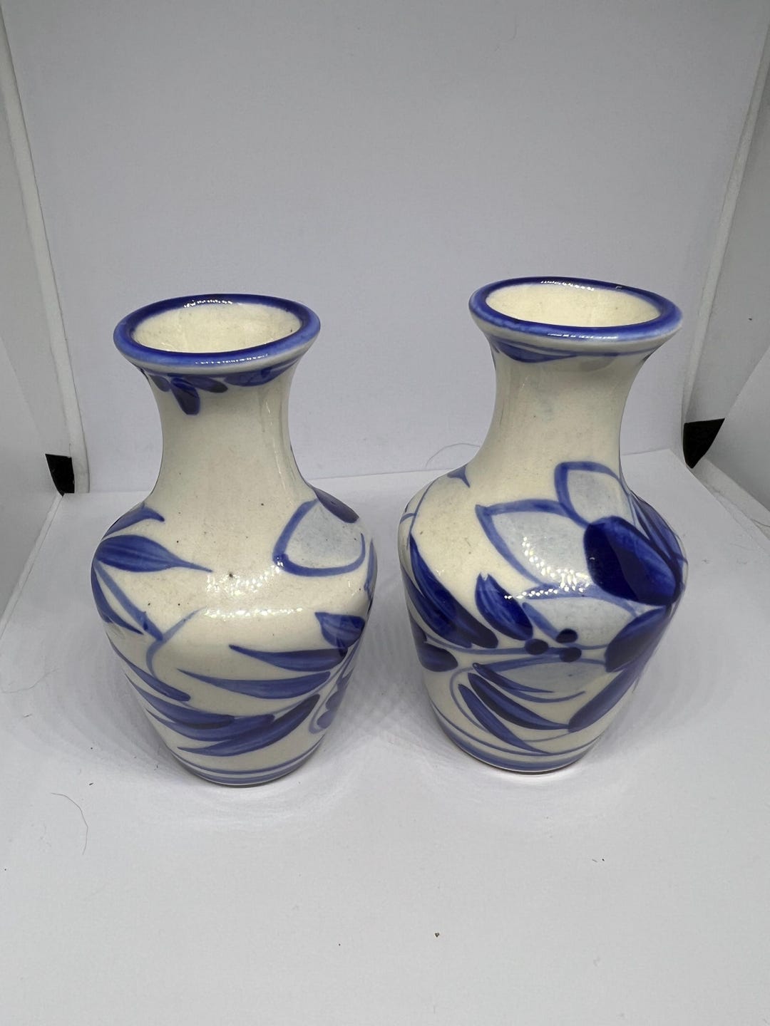 Pair of Miniature Delft Ware Vases. Blue White Ceramic Tiny Vases. Hand Painted Floral Decor Bud ...