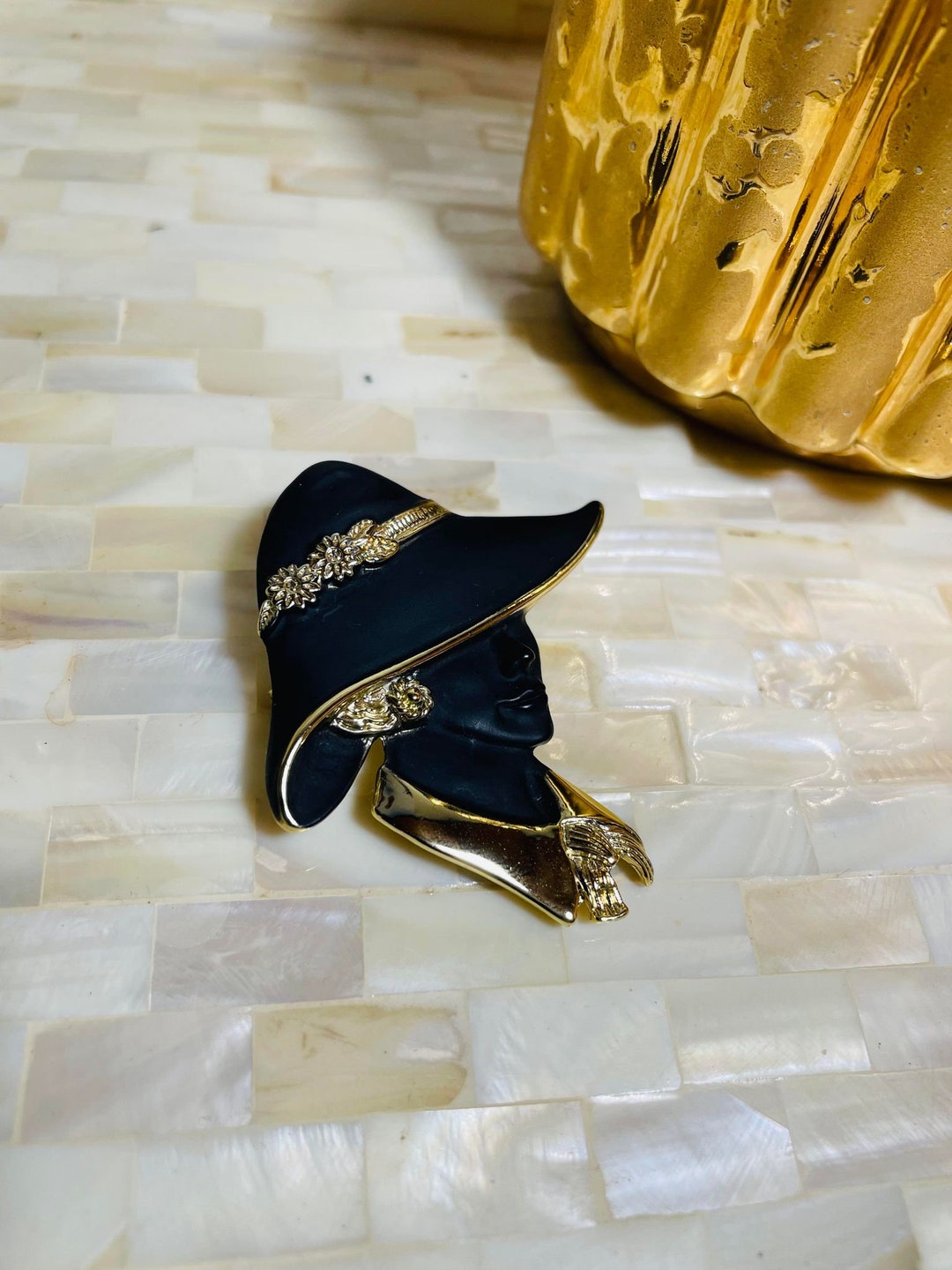 Vintage Torino Black and Gold Lady With Hat Brooch - Etsy