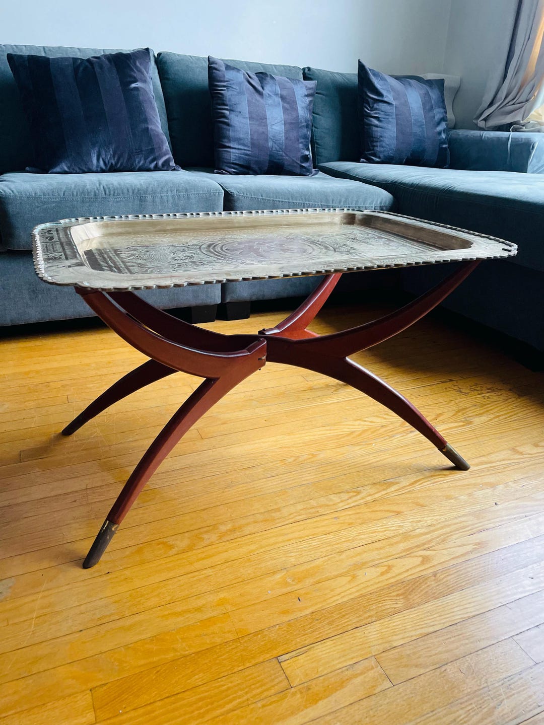 Vintage MCM Brass and Wood Spider Leg Rectangular Table With Etched ...