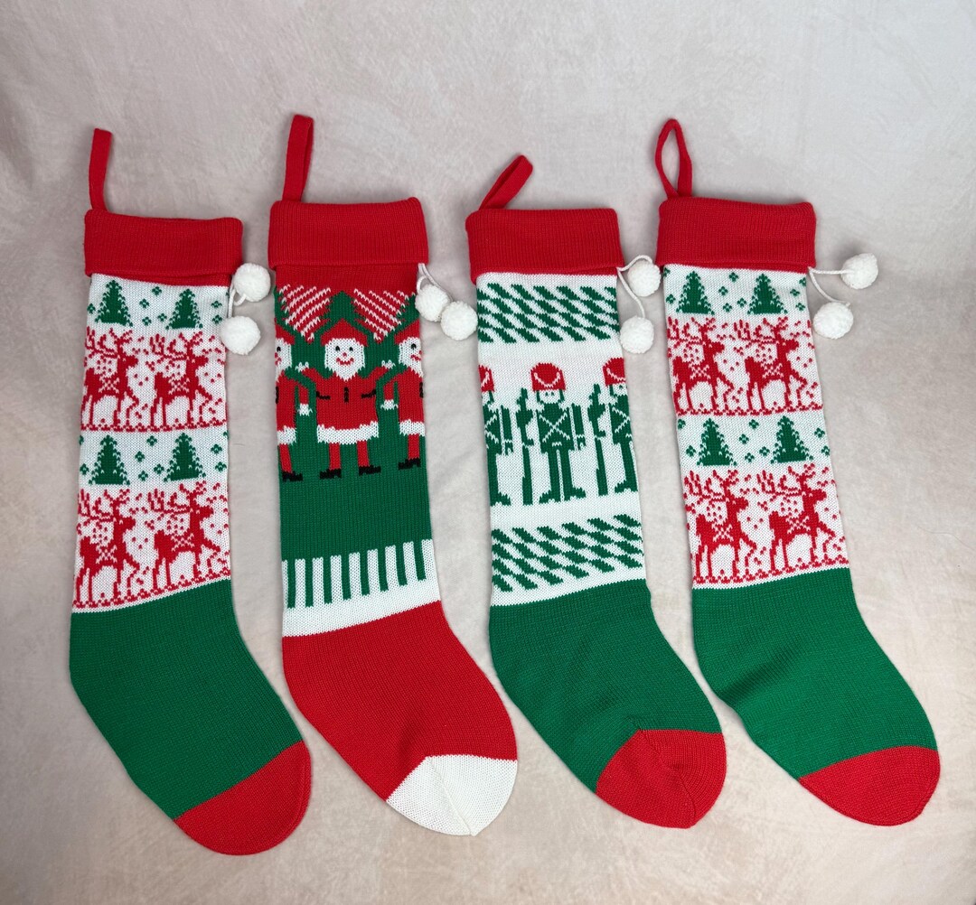 Vintage Knit Stocking Set of 4 Kitschy Patterns 1980s 1990s Christmas ...