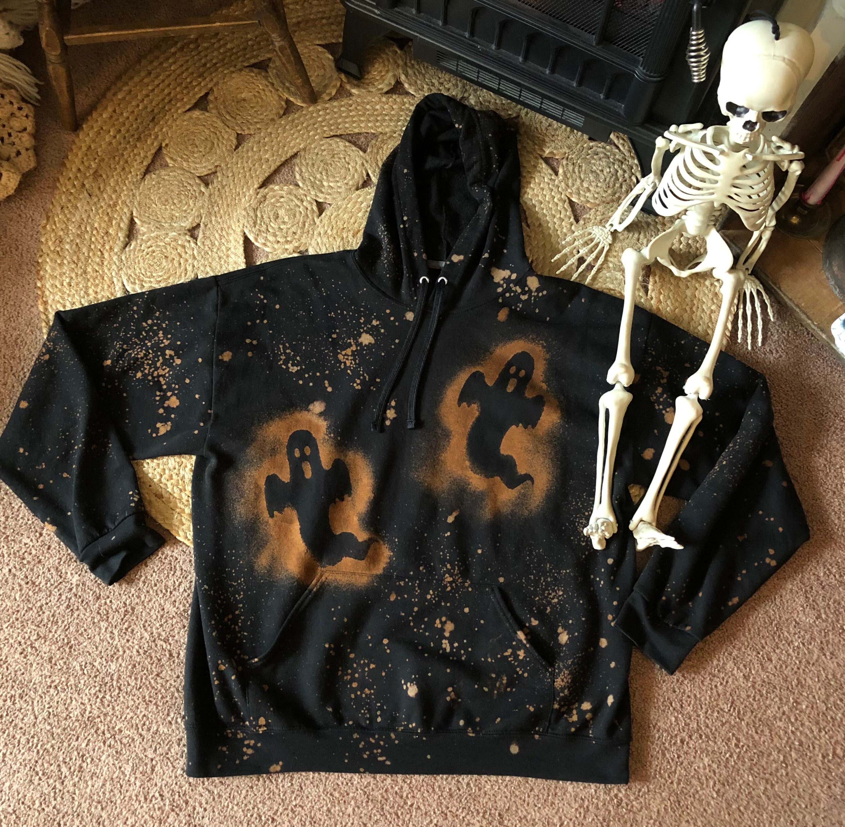 Black Acid Washed Bleached Halloween Ghost Bleach Splattered Hoodie ...