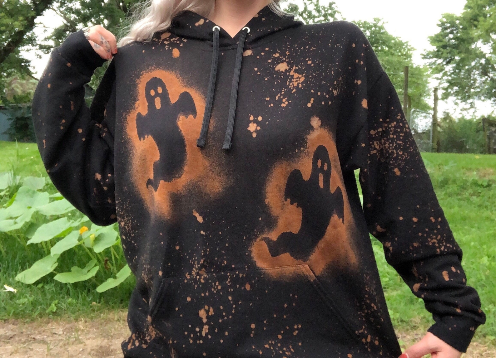 Black Acid Washed Bleached Halloween Ghost Bleach Splattered Hoodie ...
