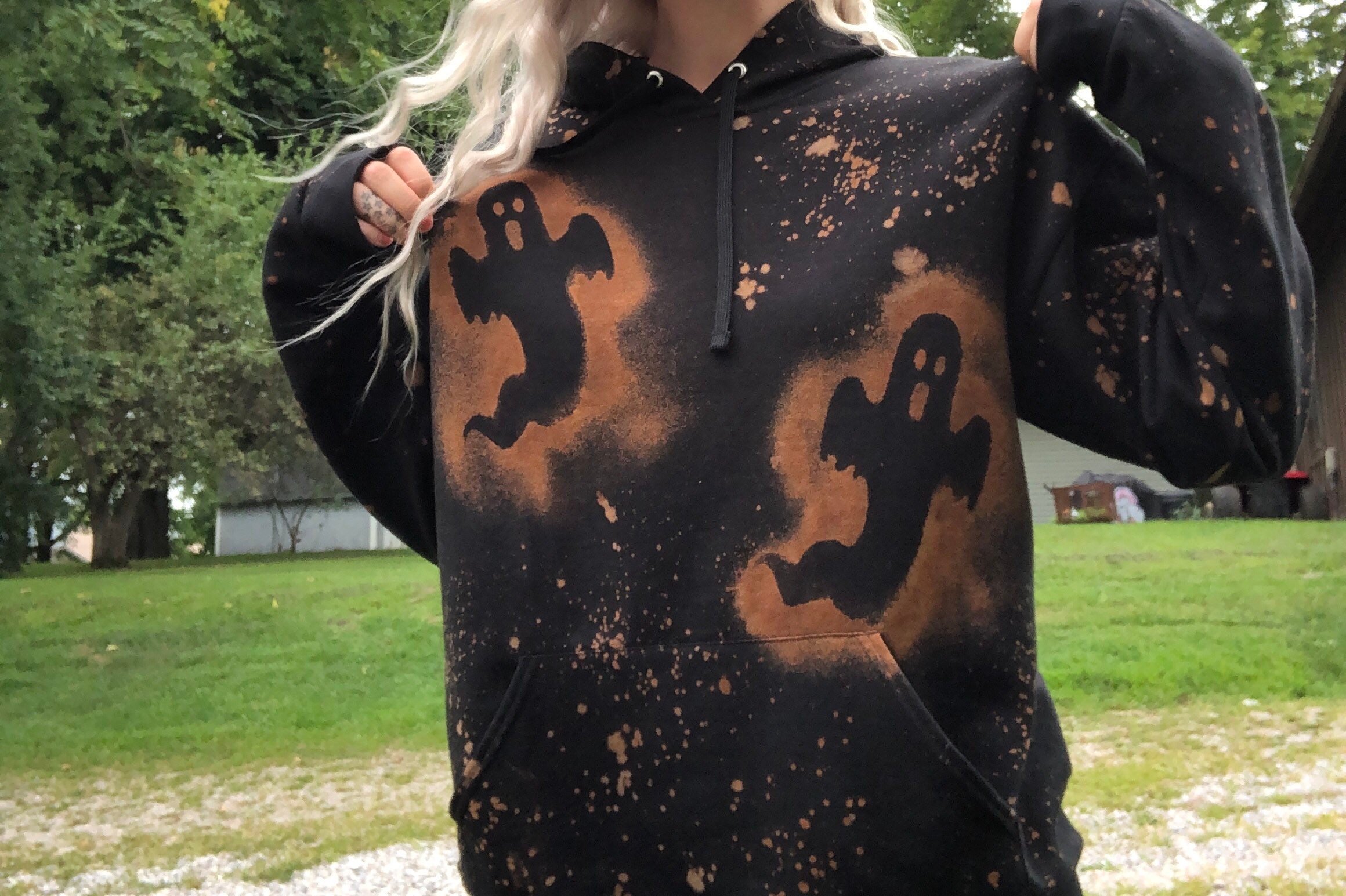 Black Acid Washed Bleached Halloween Ghost Bleach Splattered Hoodie ...