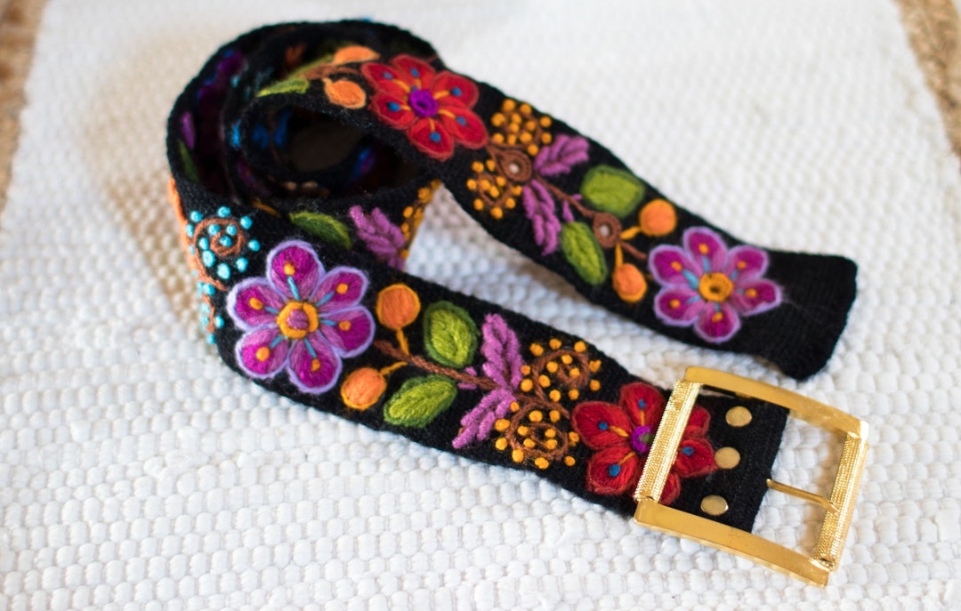 Embroidered Black Floral Belt From Alpaca Wool Hand Stitched in Bloom ...