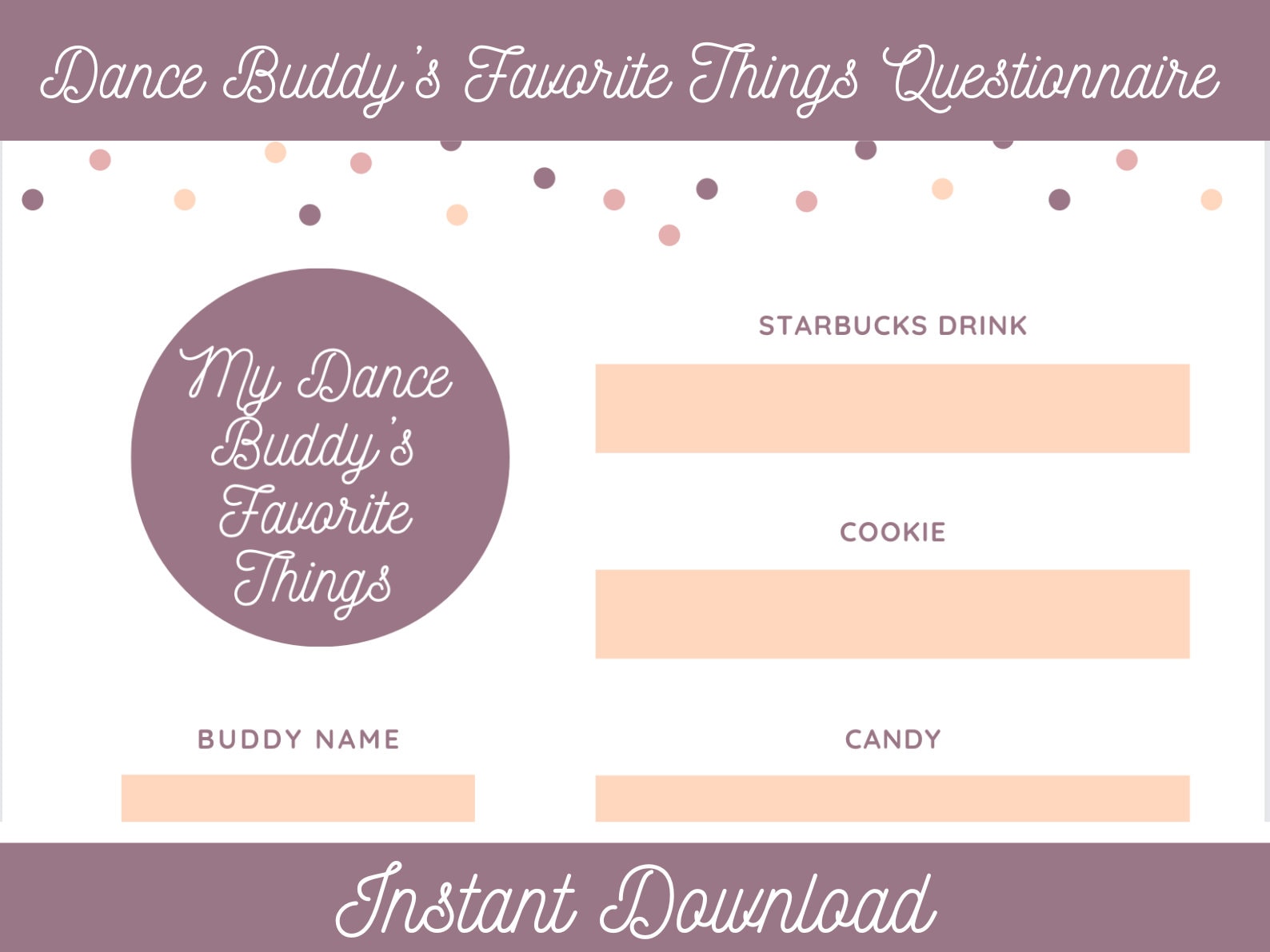 Printable Dance Buddy Favorite Things Questionnaire - Etsy