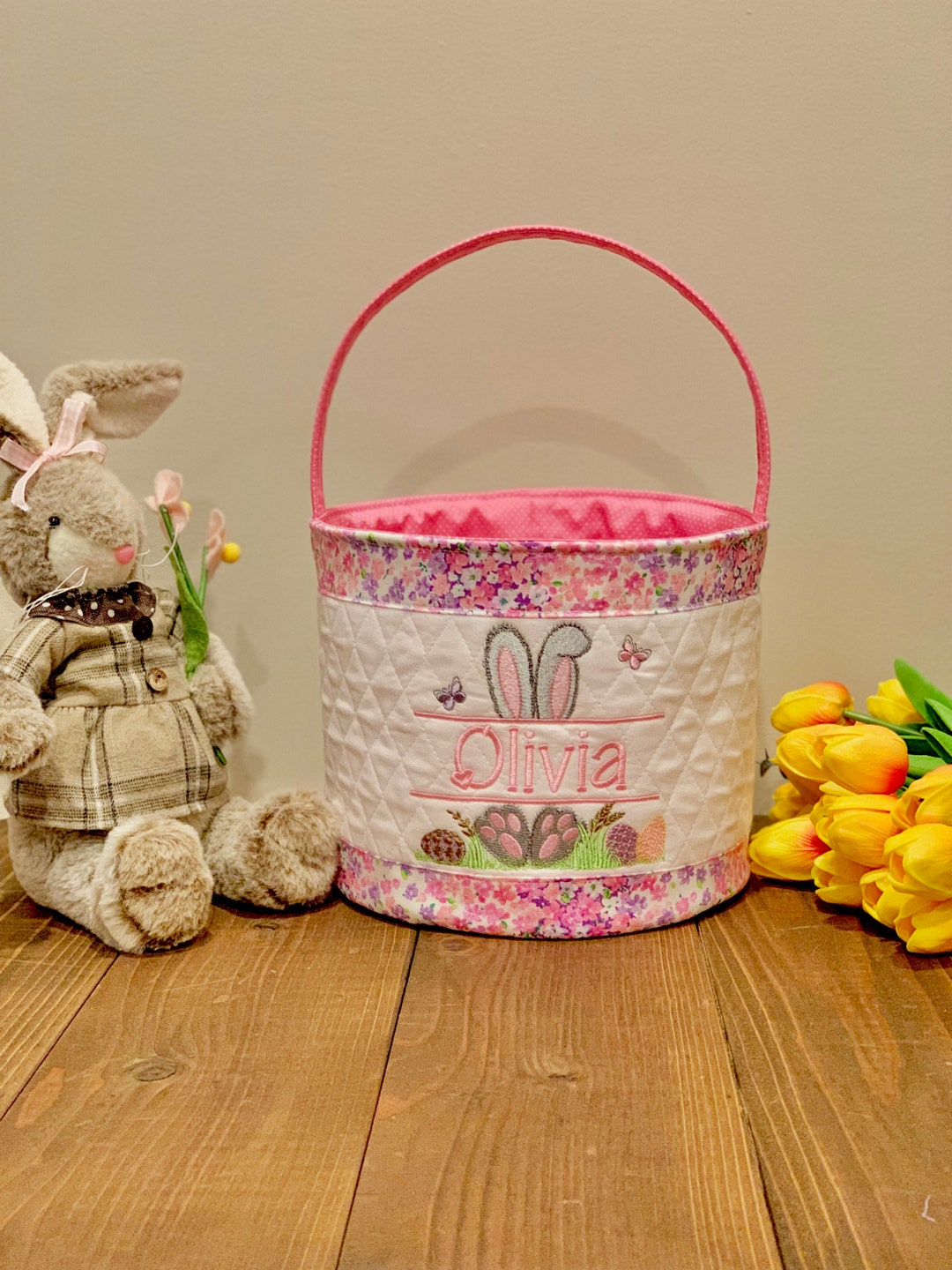 Personalized Easter Basket for Girls, Embroidered Split Name Bunny Ear ...