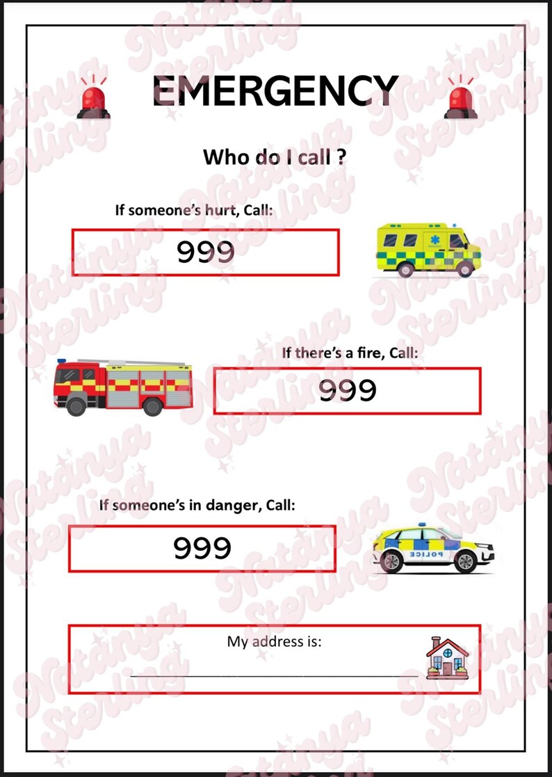 Kids Essential Emergency Contact Sheet, UK National Emergency Number ...
