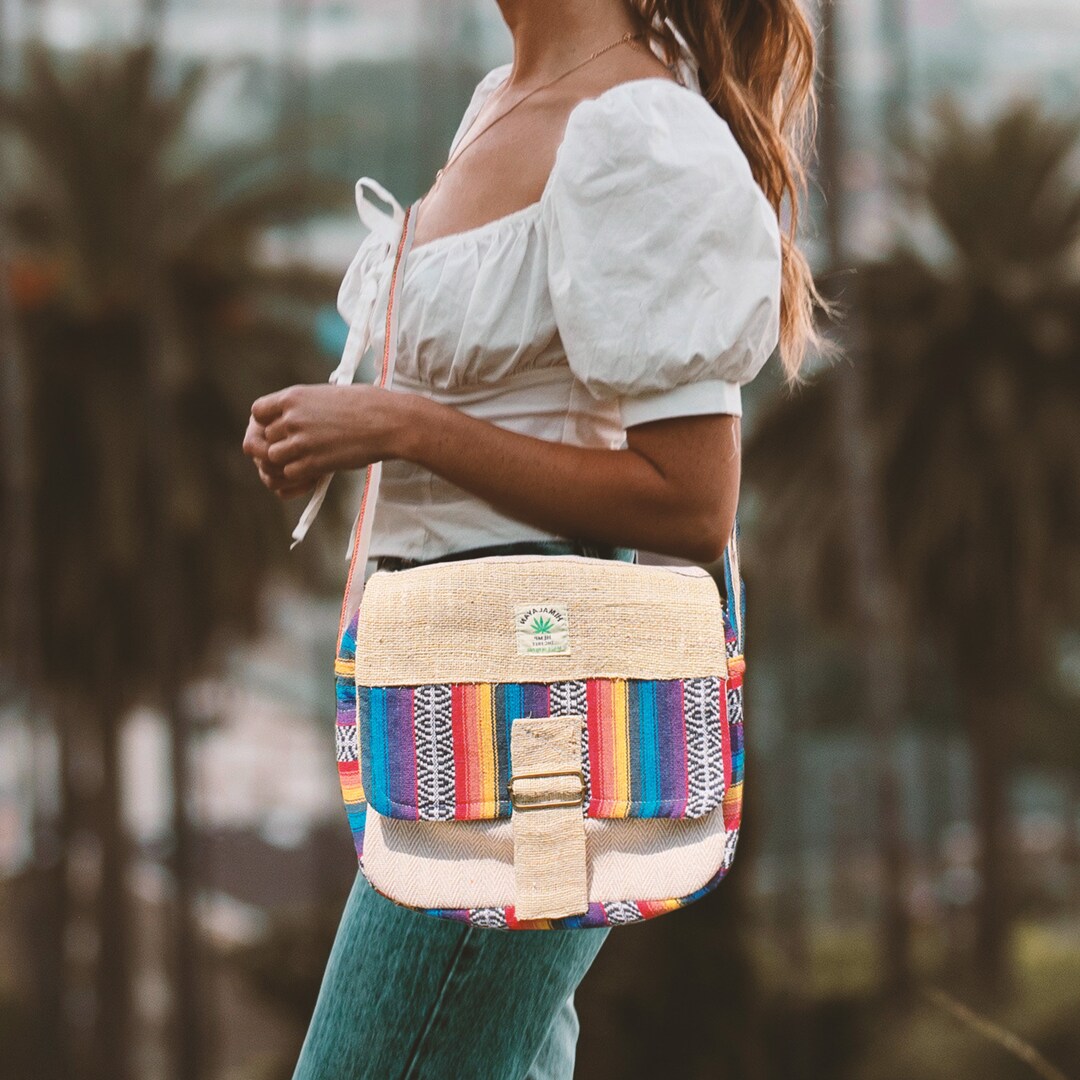 Eco-friendly Rainbow Color Patch Messenger Bag Handmade Hemp Crossbody ...