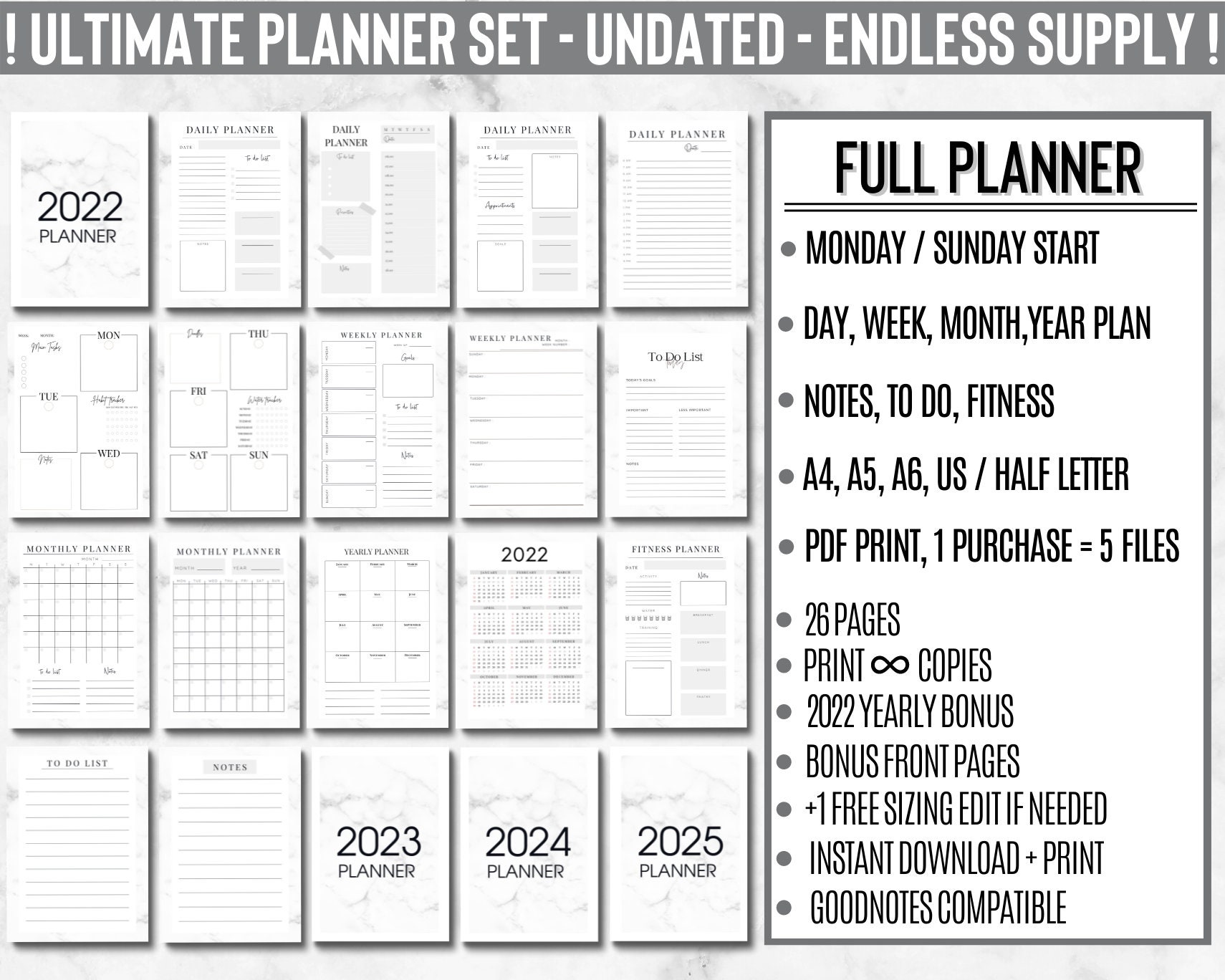Minimalist Printable Planner, Daily Weekly Monthly Yearly, Planner ...