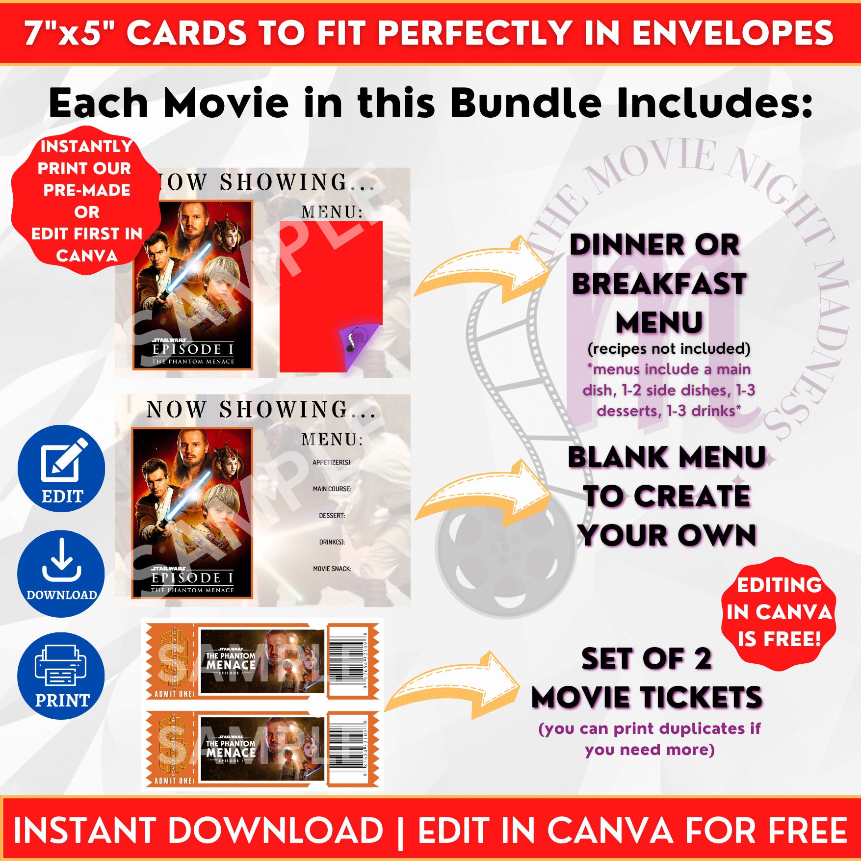 NEW 11 Editable Magical Mystery SWARS Dinner and Movie Menu Cards ...