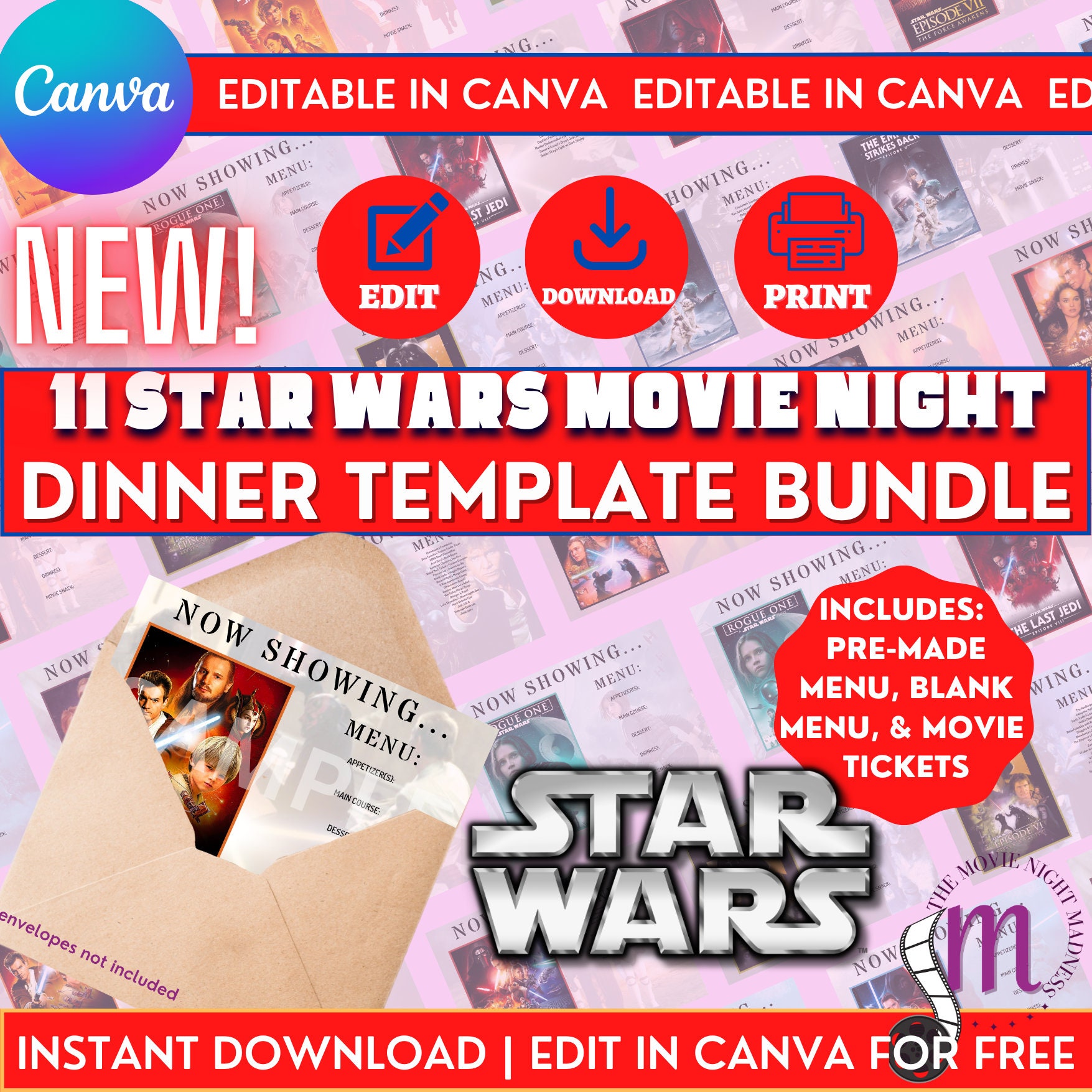 NEW 11 Editable Magical Mystery SWARS Dinner and Movie Menu Cards ...