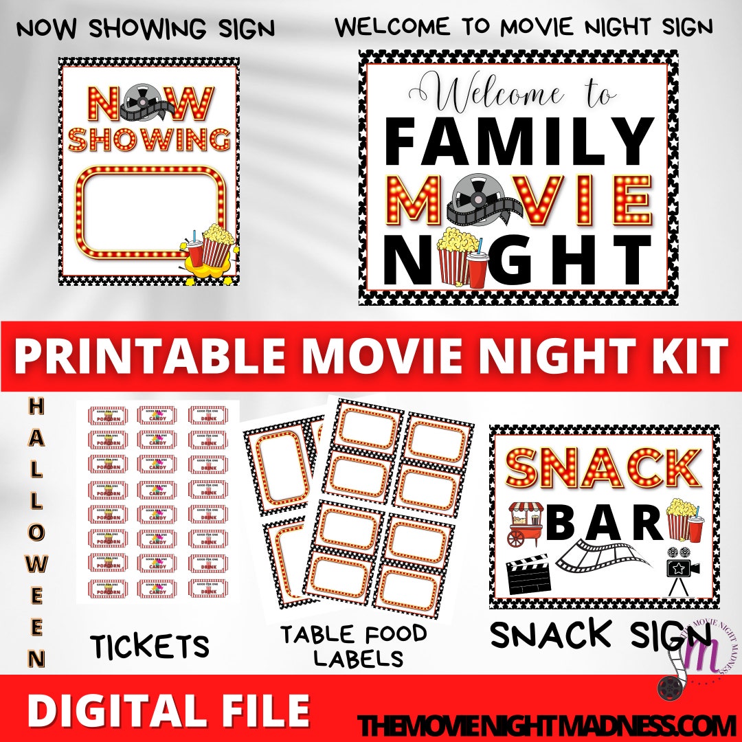 7 Movie Night Printable Signs, Food Labels and Movie Tickets Included ...