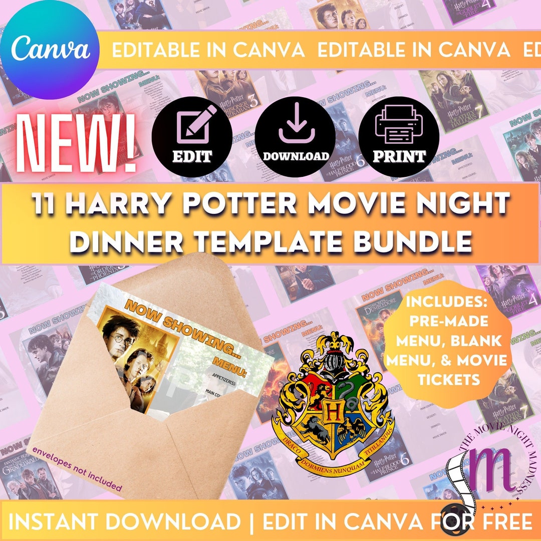 Editable Harry Potter Movie Night Dinner Menu Cards (digital Download ...