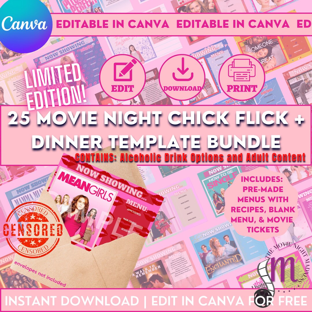 LIMITED ED 25 Chick Flicks Editable Mystery Dinner and Movie Printable ...
