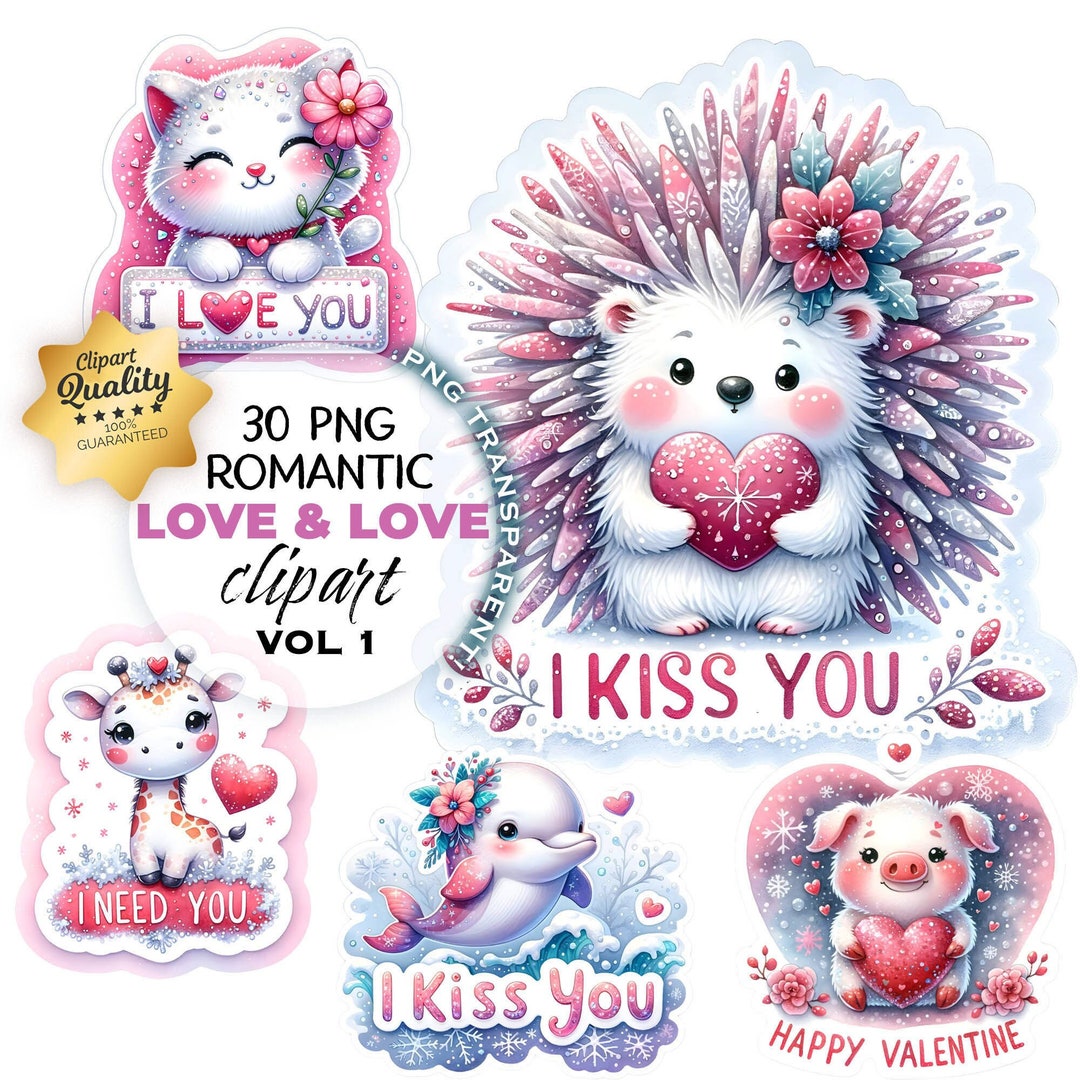 Valentine Watercolor Clipart: Love Animals PNG Stickers (digital ...