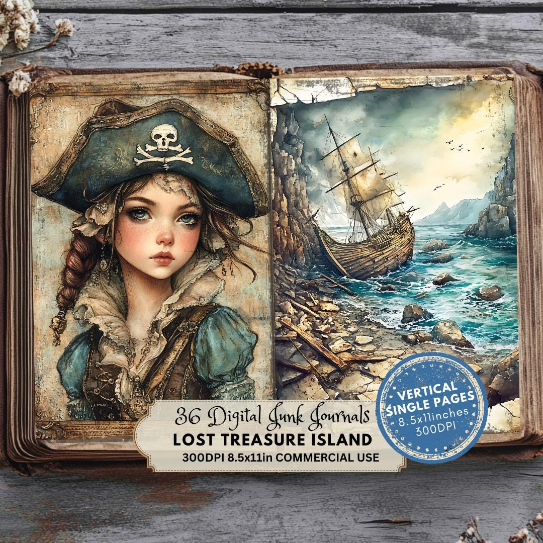 Treasure Island Junk Journal Kit: Vintage Pirate Ephemera, Collage ...