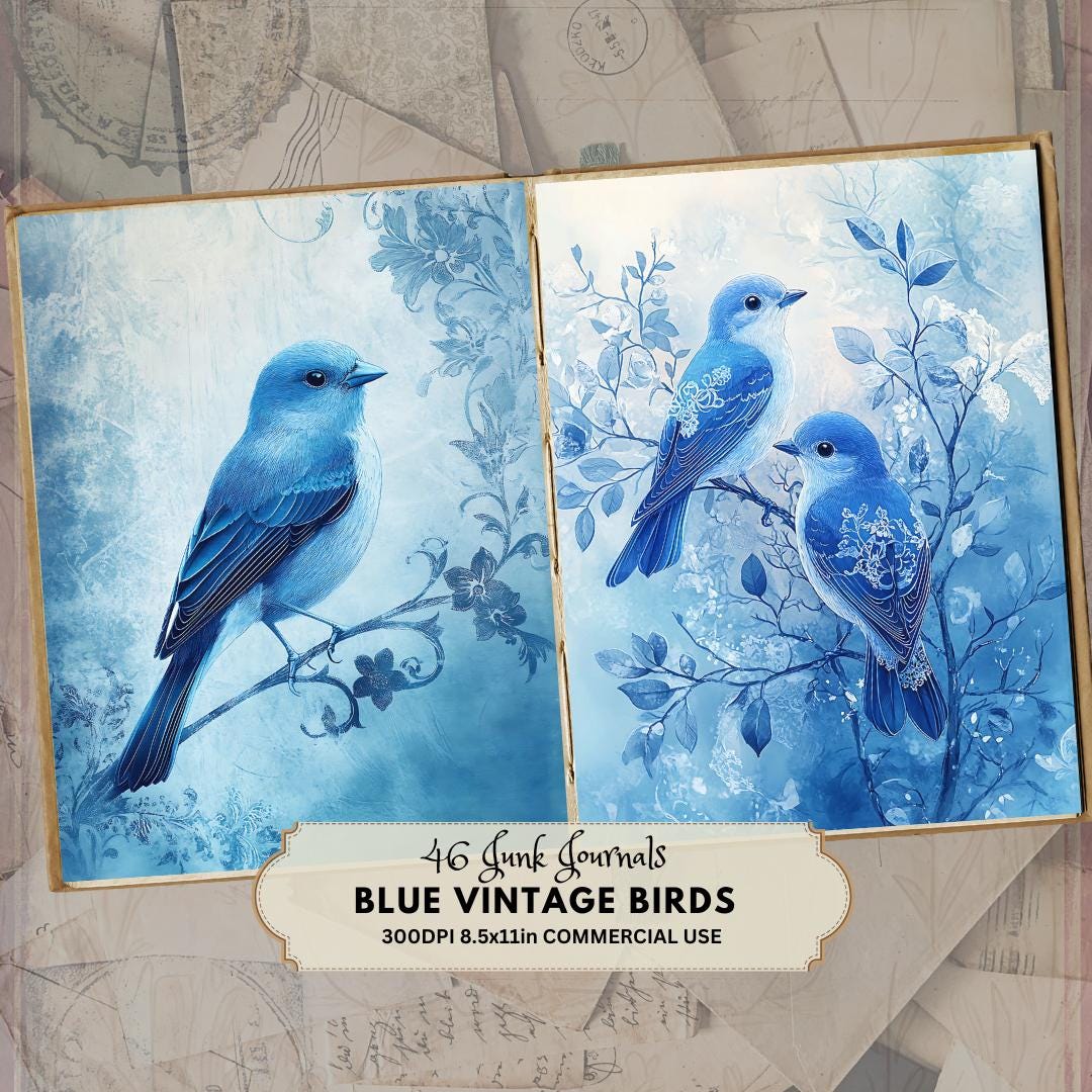 Blue Quirky Birds Junk Journal Pages - Printable Ephemera - Vintage ...