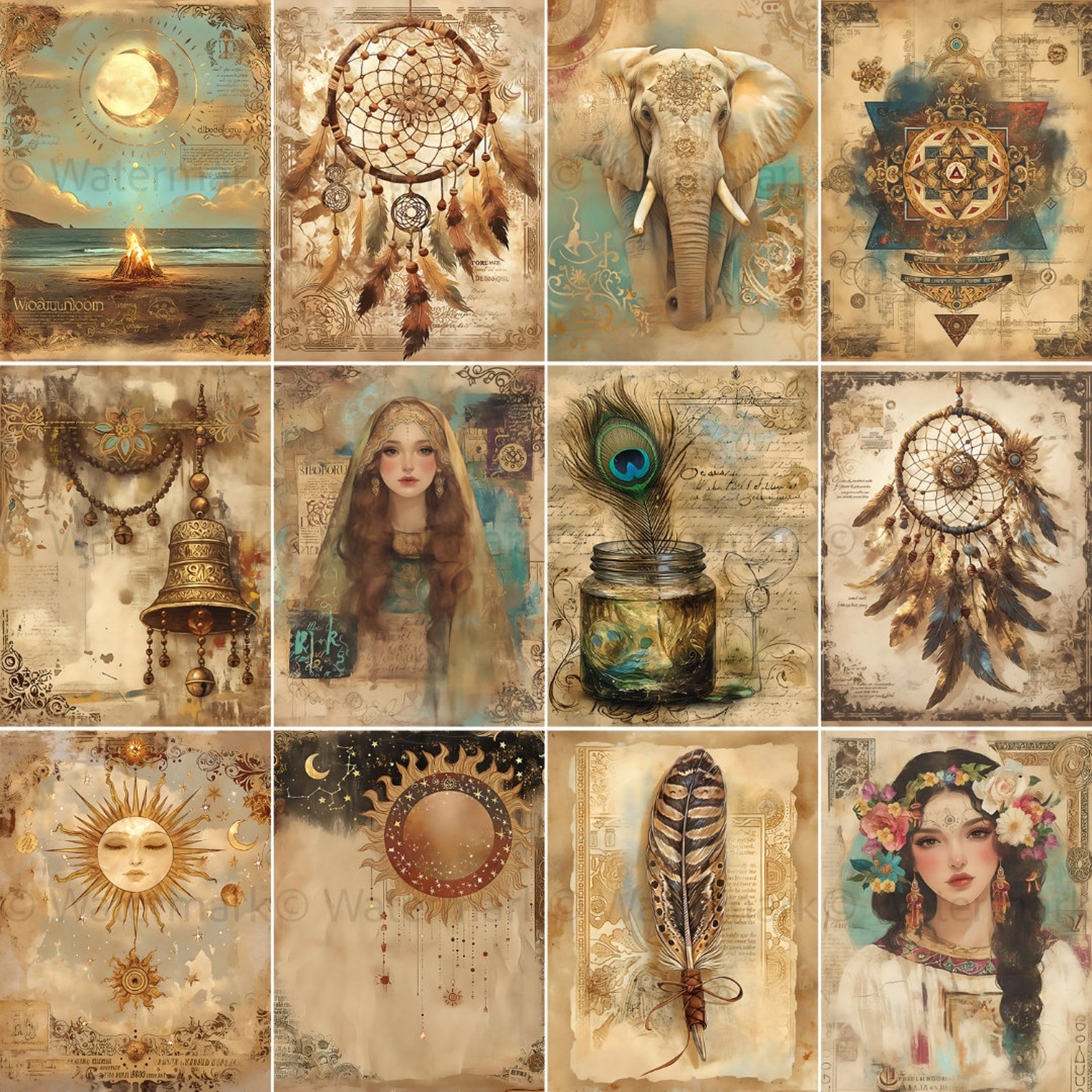 Boho Junk Journal Ephemera Kit: Dreamcatcher, Feather Collage (digital ...