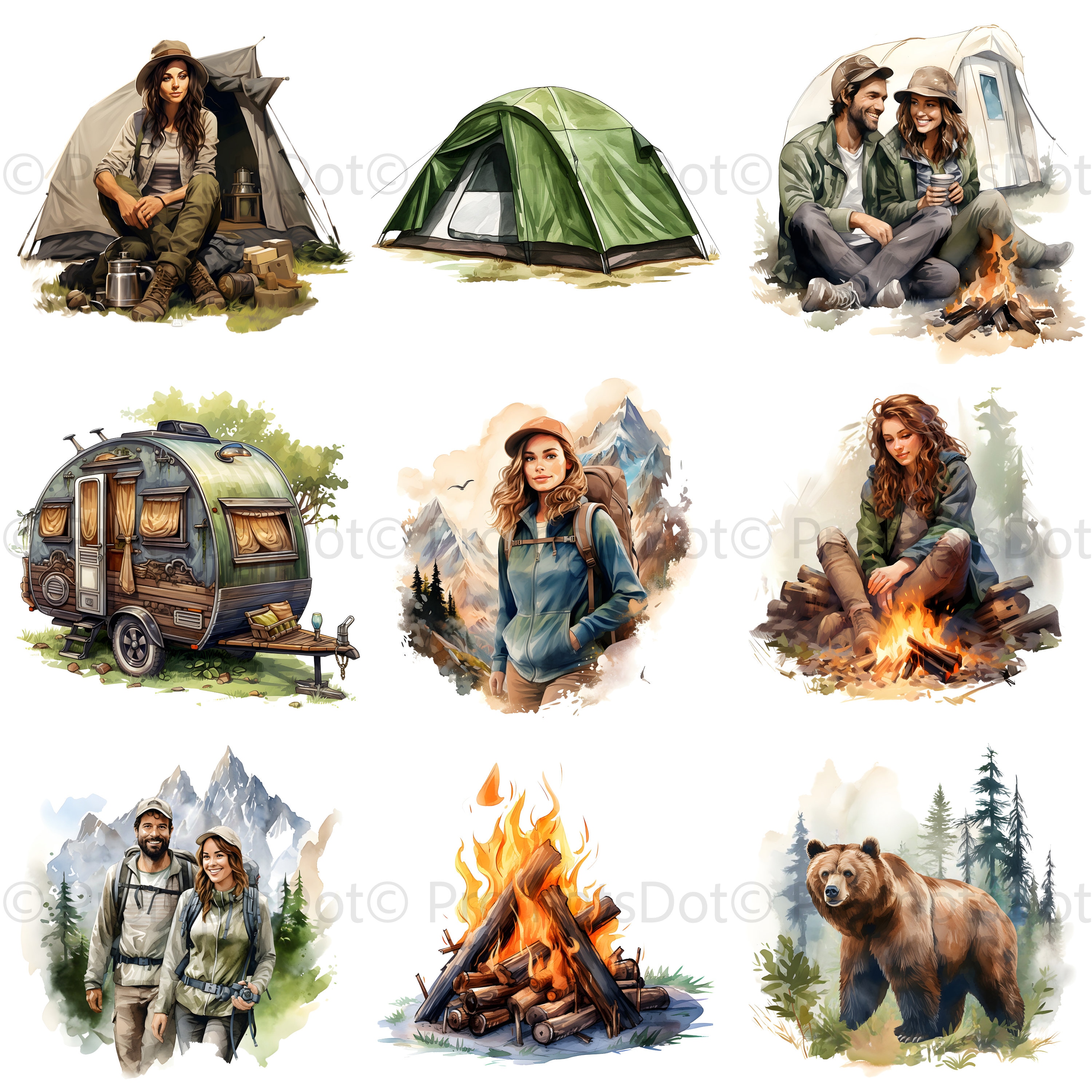 Camping Watercolor Clipart: Forest Animals, Dogs, Caravan, PNG ...