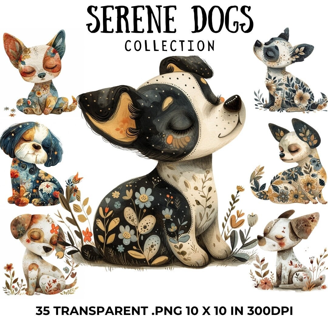 Whimsical Dog Clipart PNG Bundle: Serene Folk Art (commercial Use) - Etsy