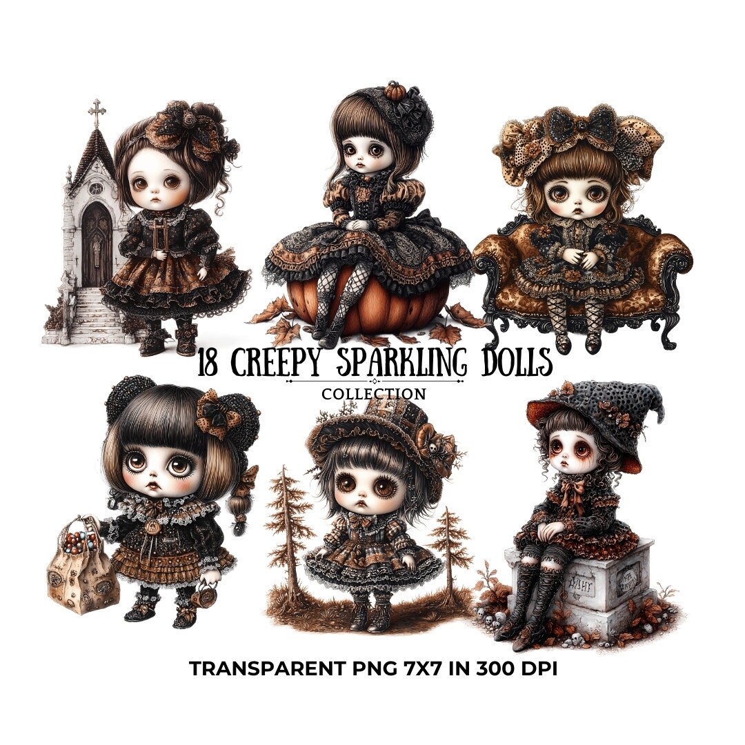 Creepy Gothic Dolls Clipart: Spooky Halloween PNG Transparent ...