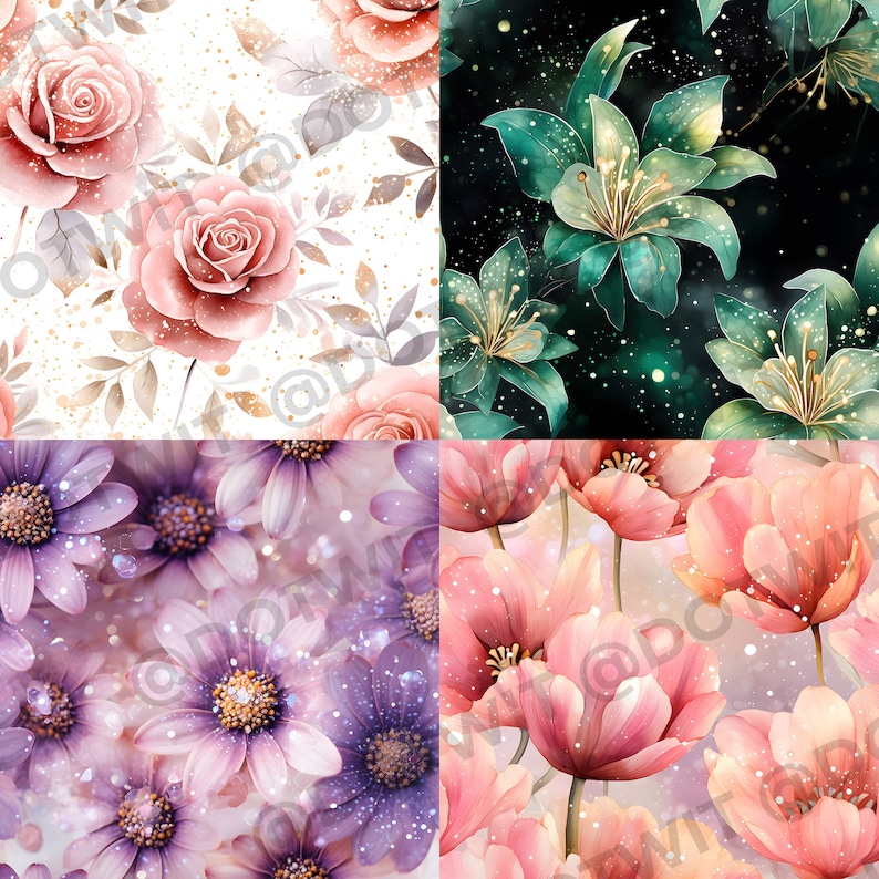16 Floral Digital Papers: Sparkling Seamless Patterns (12x12 Inches) - Etsy