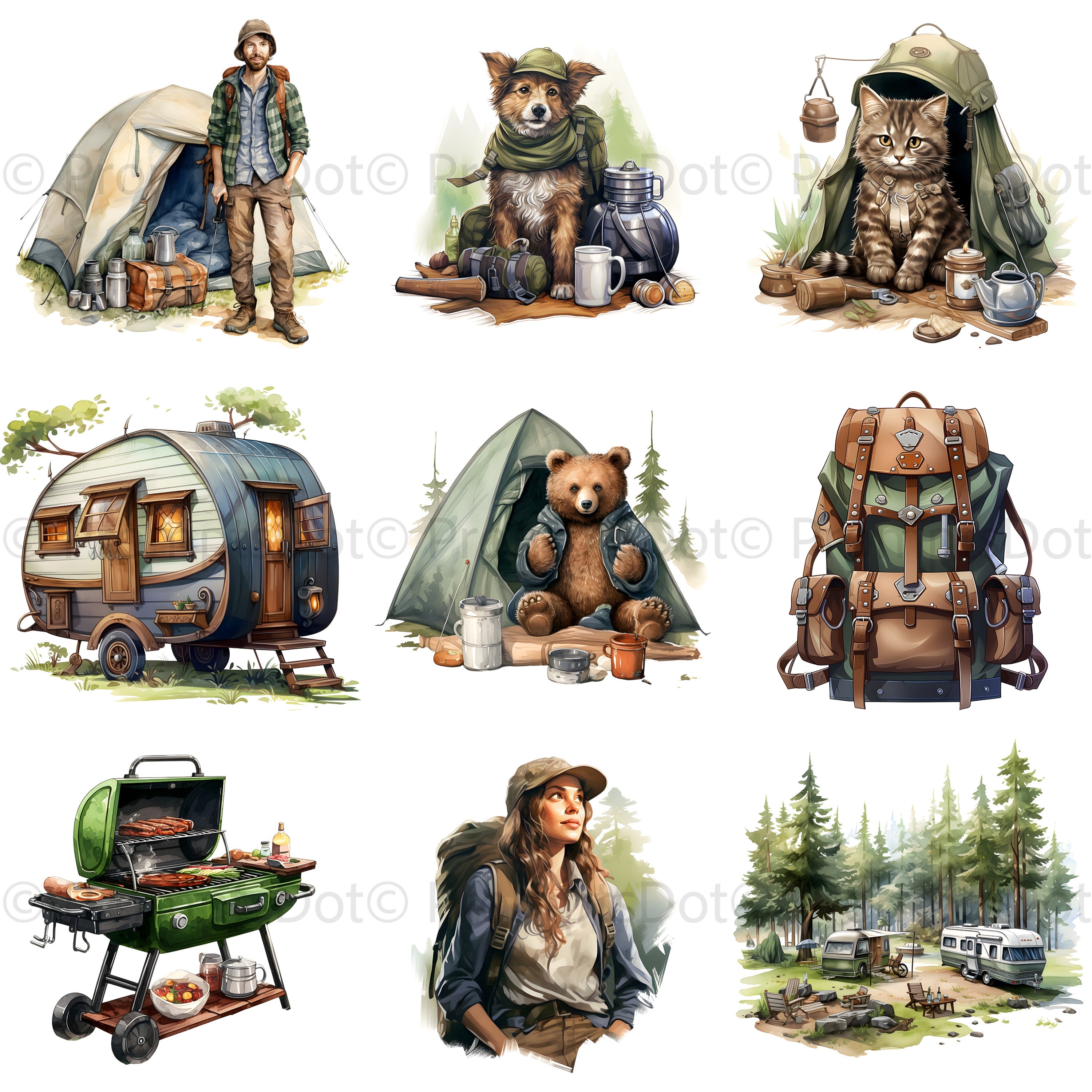 Camping Watercolor Clipart: Forest Animals, Dogs, Caravan, PNG ...