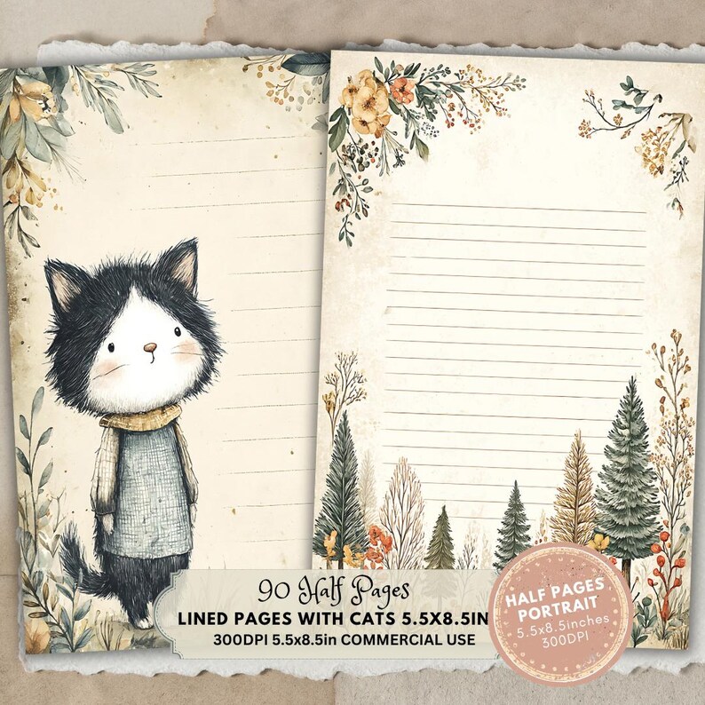 Vintage Lined Half Pages With Cats: Animals Ephemera Papers (digital ...