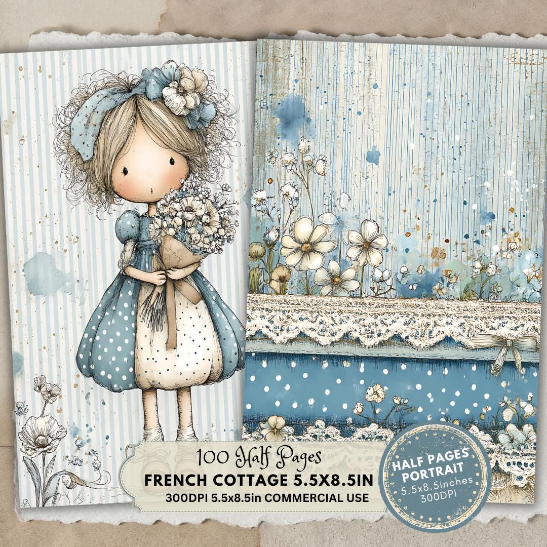 French Half Pages: Blue Country Cottage Printable Journal (digital ...