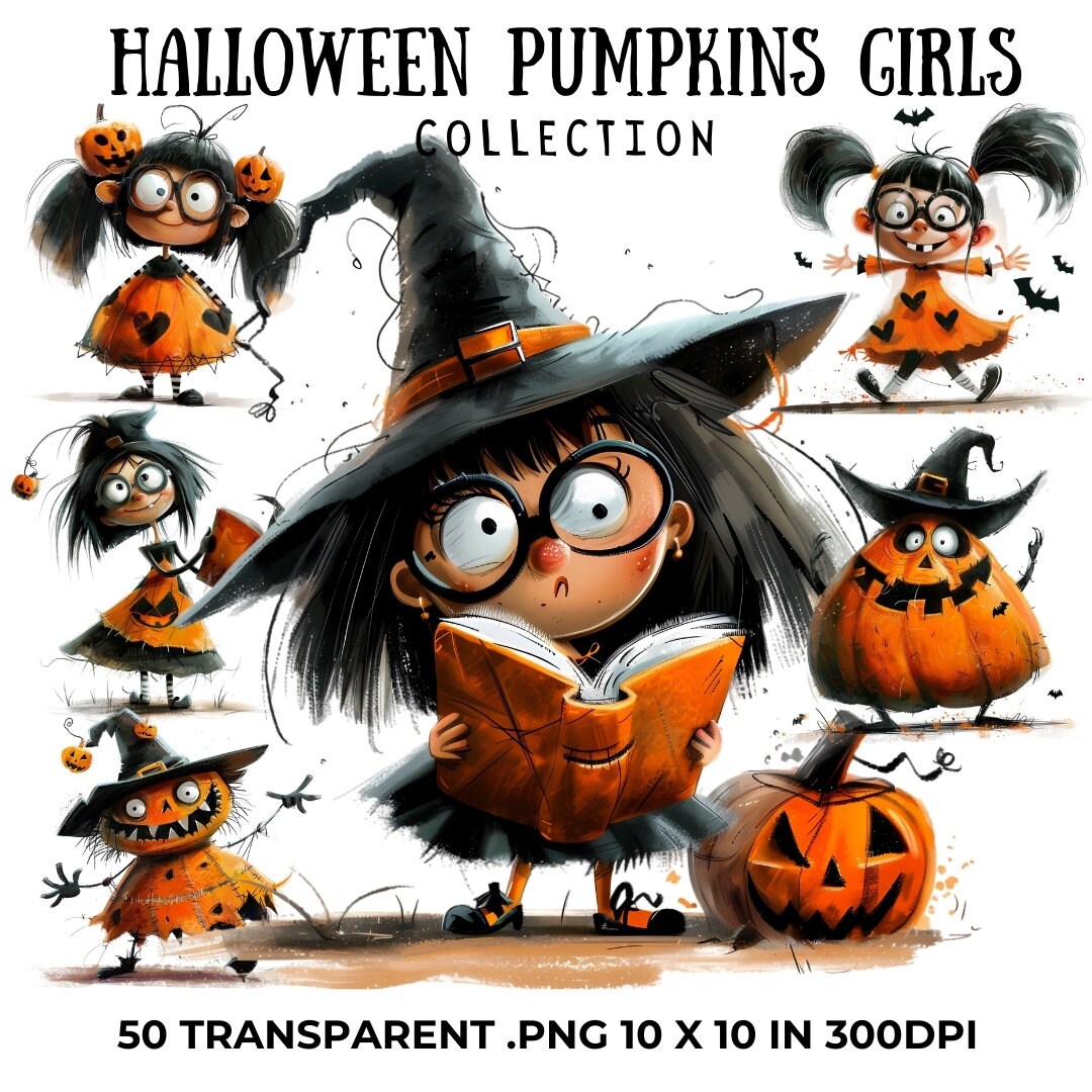 Cute Halloween Girls Clipart PNG Digital Download, Pumpkin Halloween ...