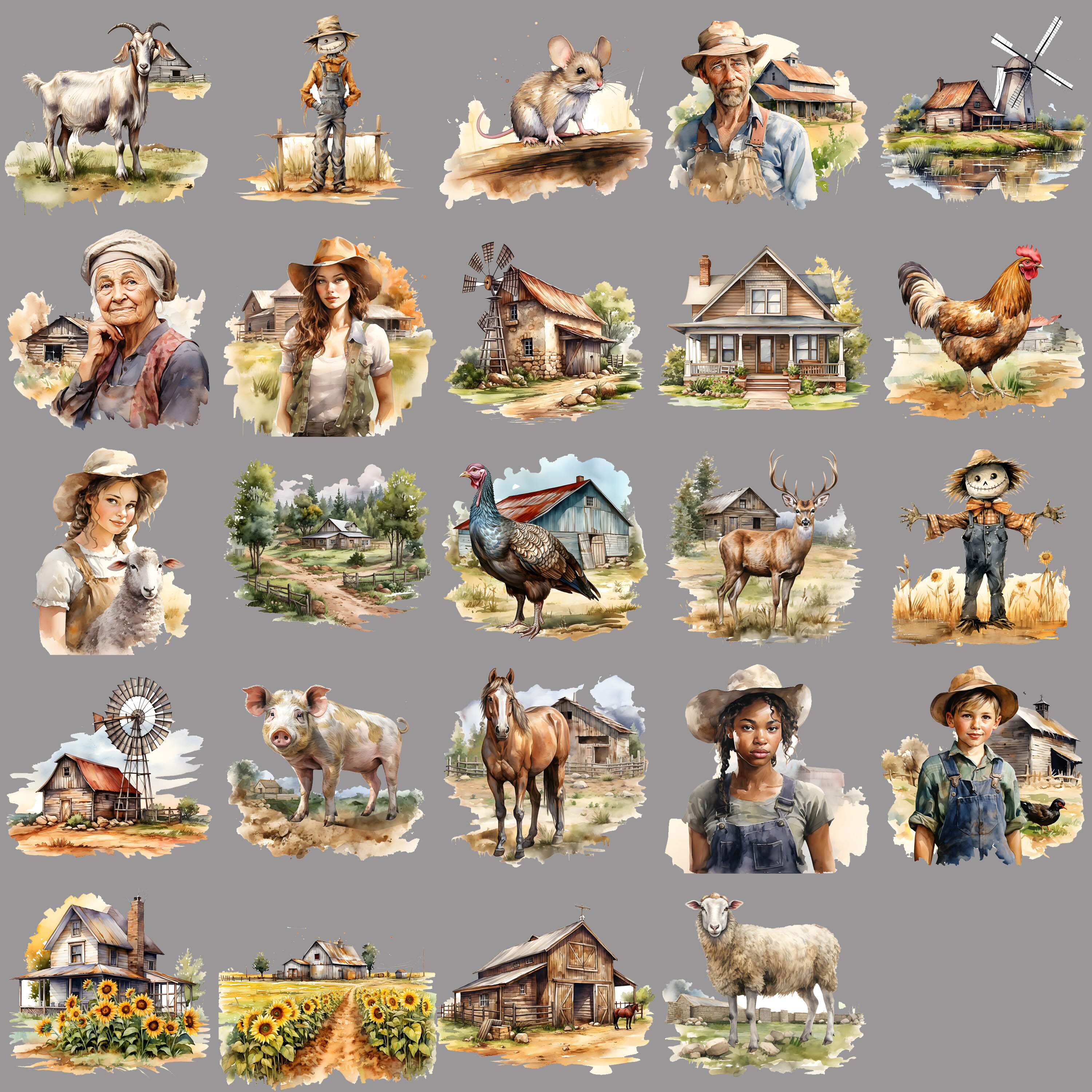 Farm Animals Watercolor Clipart: 24 Transparent PNG Images, Farmhouse ...