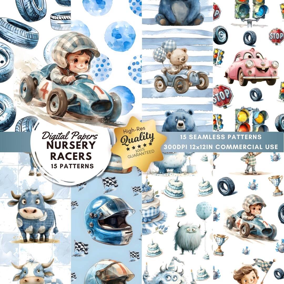 Vintage Race Car Digital Paper: Blue Nursery Seamless Patterns (digital ...